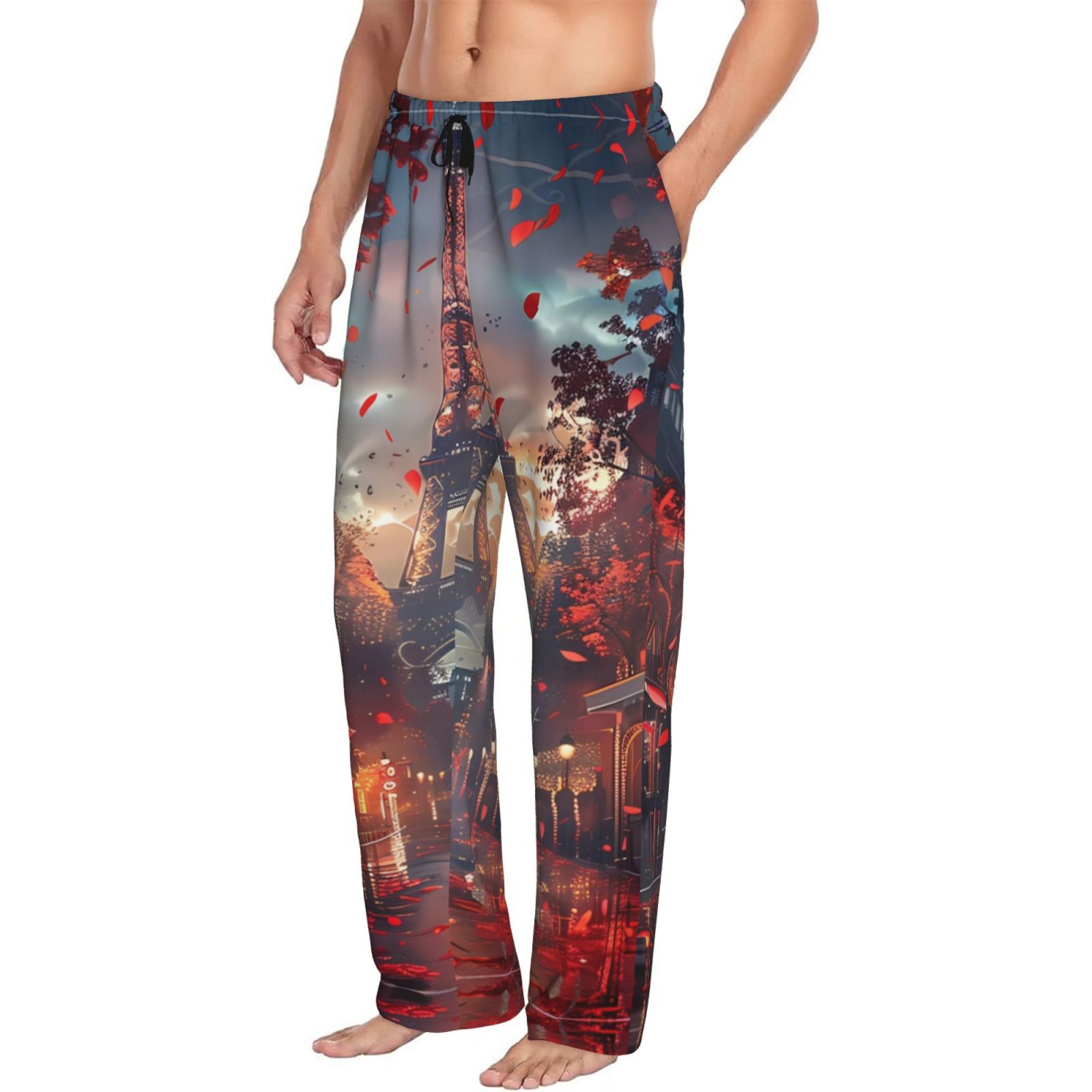Mens Pajama Pants, Eiffel Tower with Autumn Leaves Lounge PJ Pants With ...