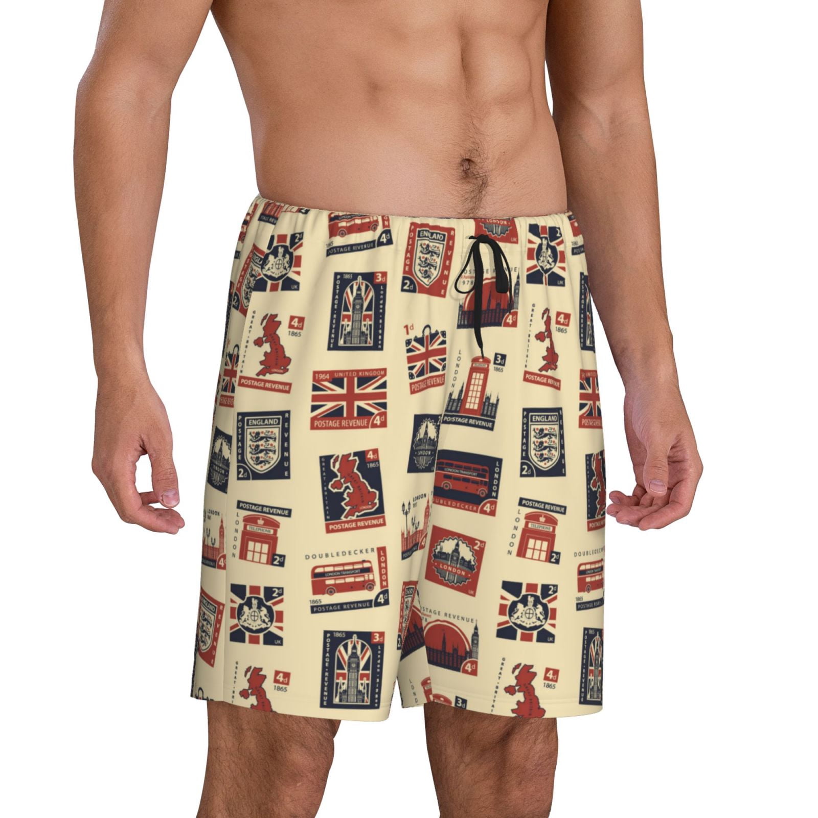 Mens Pajama Pants - England Stamp Print Sleep Shorts Mens Pajama Shorts ...