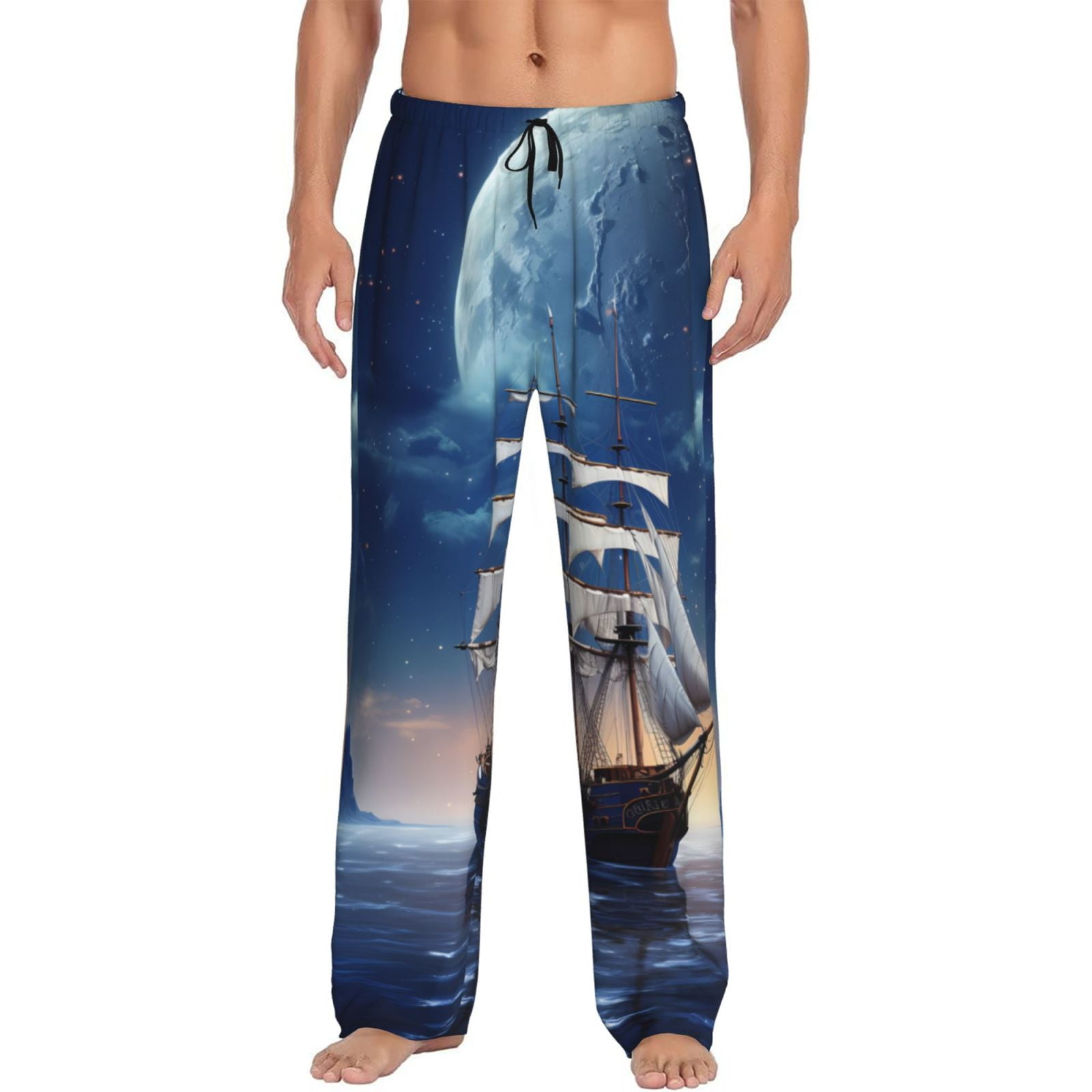 Mens Pajama Pants, Moonlit Night Sea Sailboat Lounge Pj Pants With ...