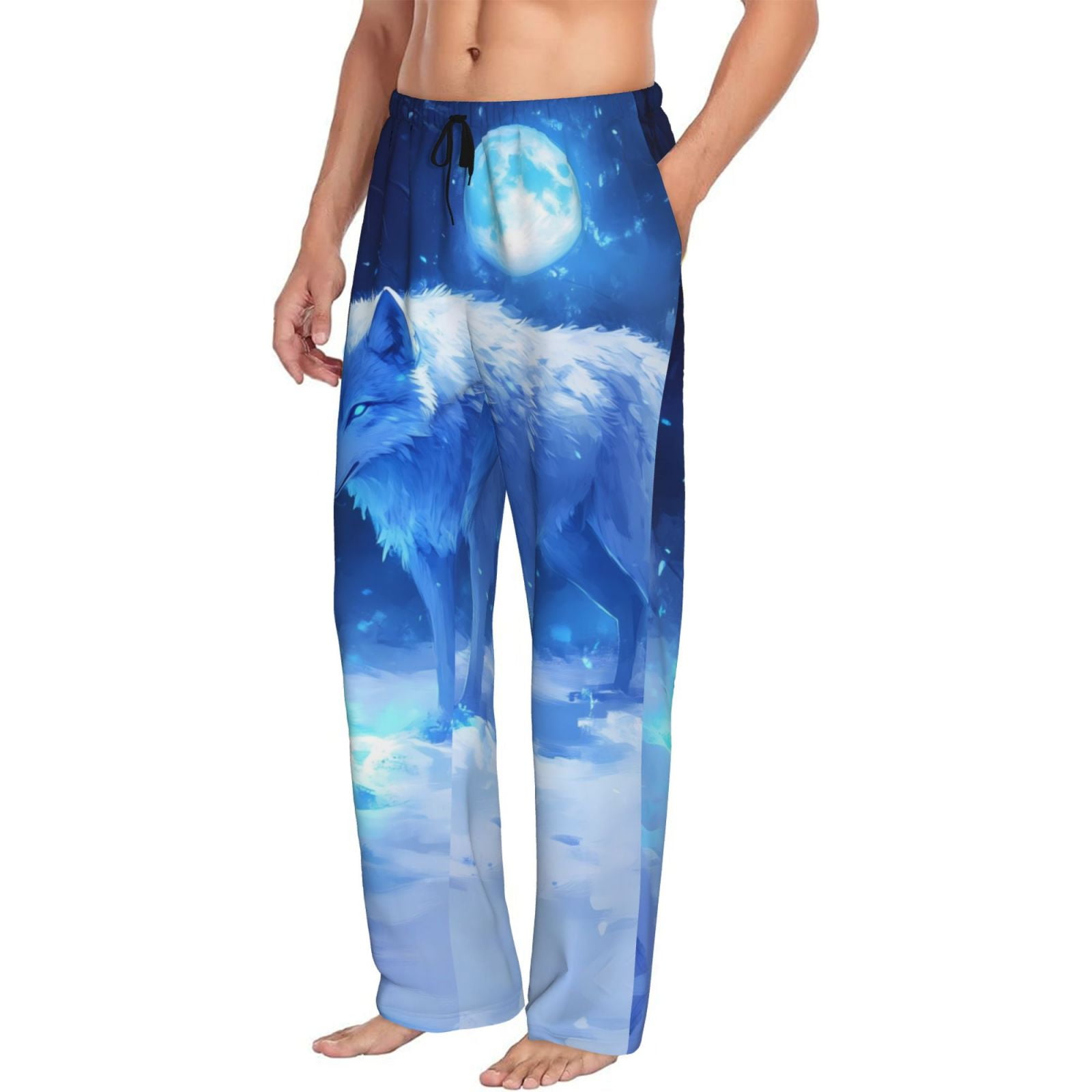 Mens Pajama Pants, Mystical Winter Wolf Lounge PJ Pants With Drawstring ...