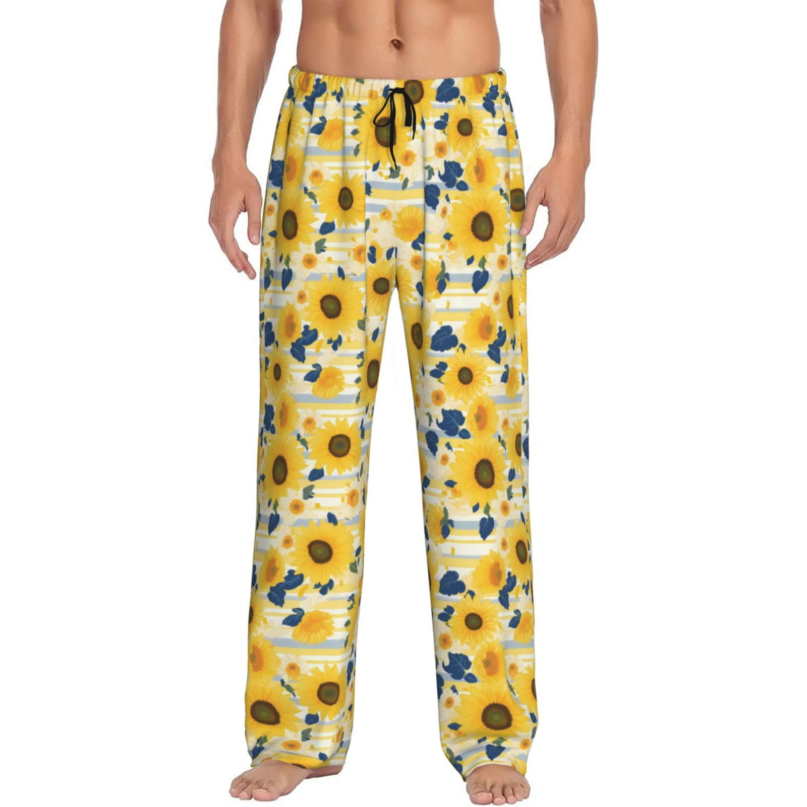Mens Pajama Pants, Navy Blue Leaf Sunflower Lounge Pj Pants With Drawstring, Men'S Sleepwear ...