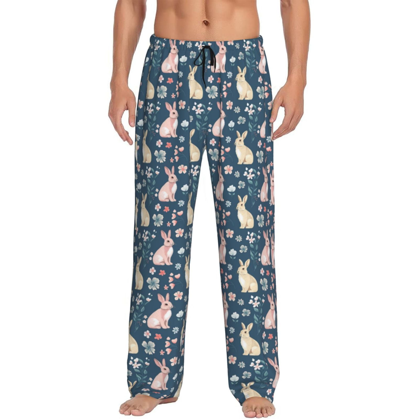 Mens Pajama Pants, Painted Rabbit Cute Flowers Lounge Pj Pants With ...