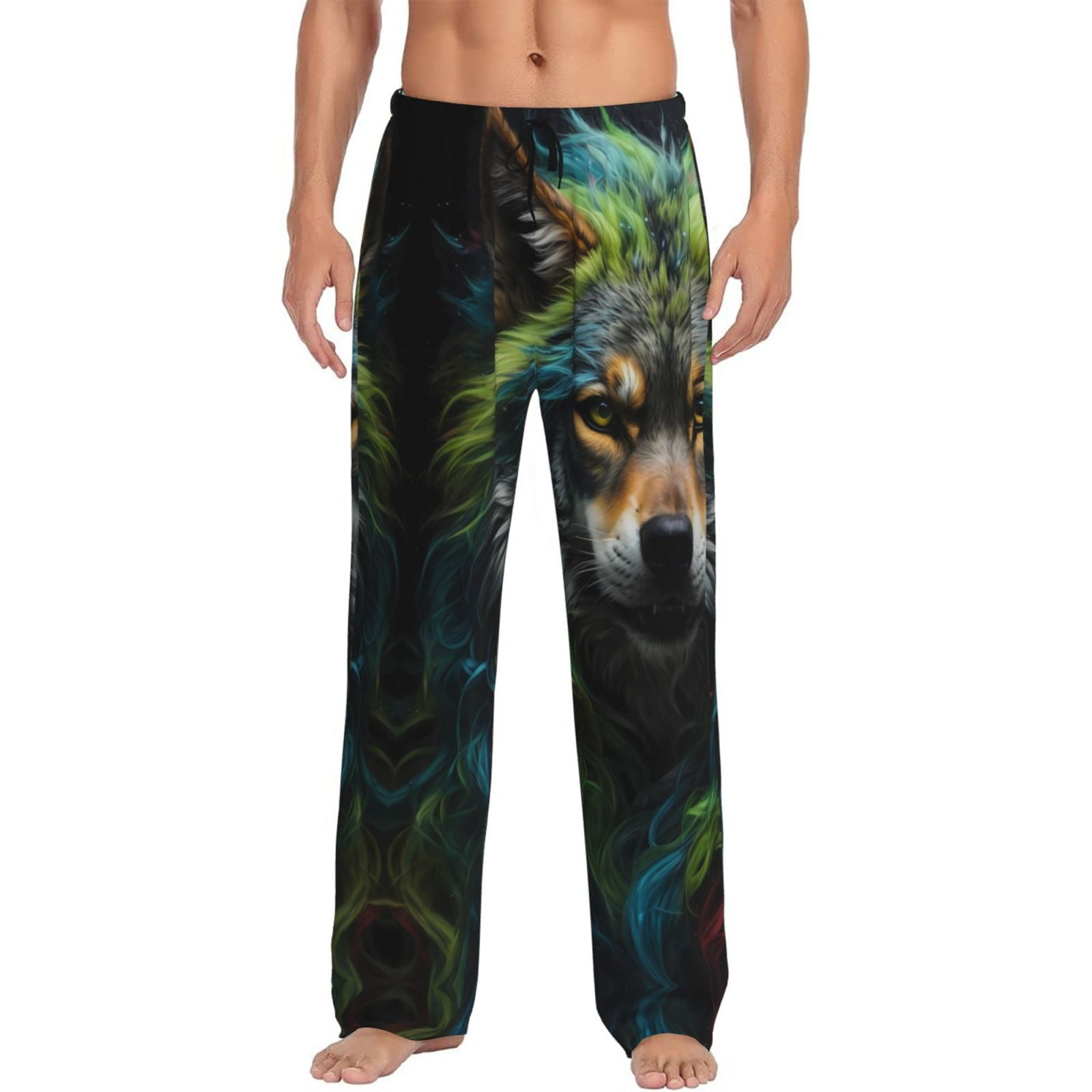 Mens Pajama Pants, Realistic Style Colorful Wolf Lounge Pj Pants With ...