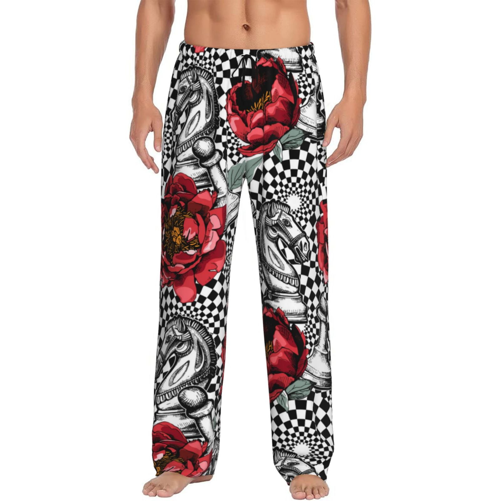 Mens Pajama Pants Red Peony Knight Chess checkered Mens Pajama Pants ...