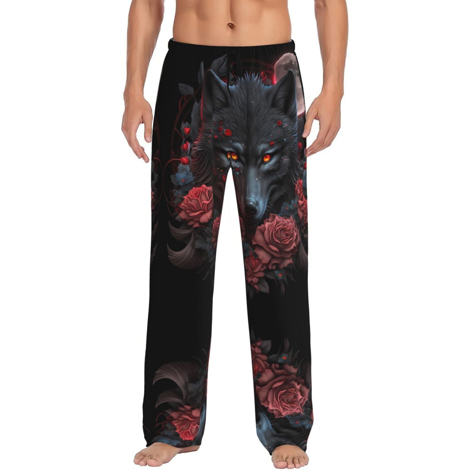 Mens Pajama Pants, Rose Full Moon Black Wolf Lounge Pj Pants With ...