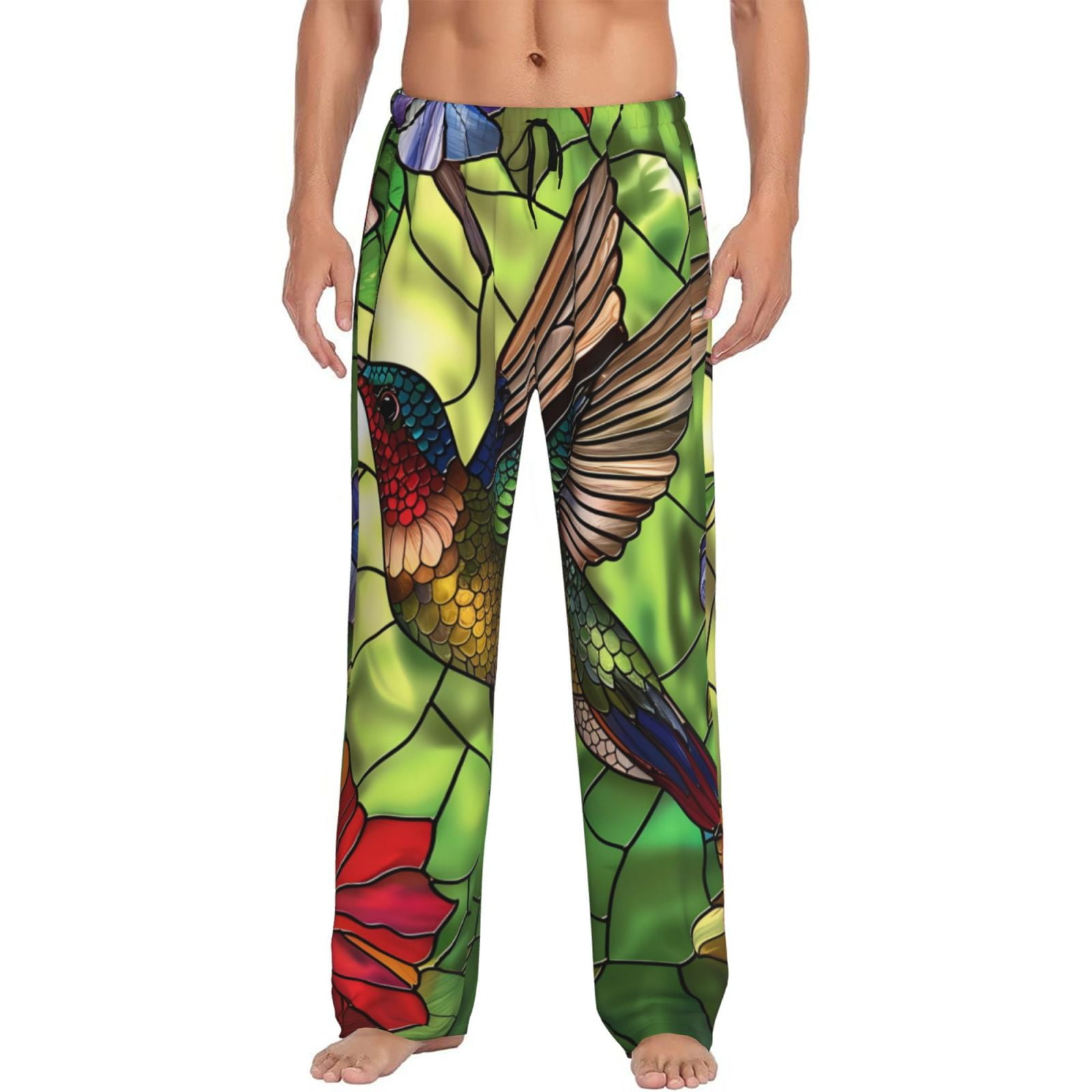Mens Pajama Pants - Stained Glass Hummingbird Art Soft Sleep Lounge ...