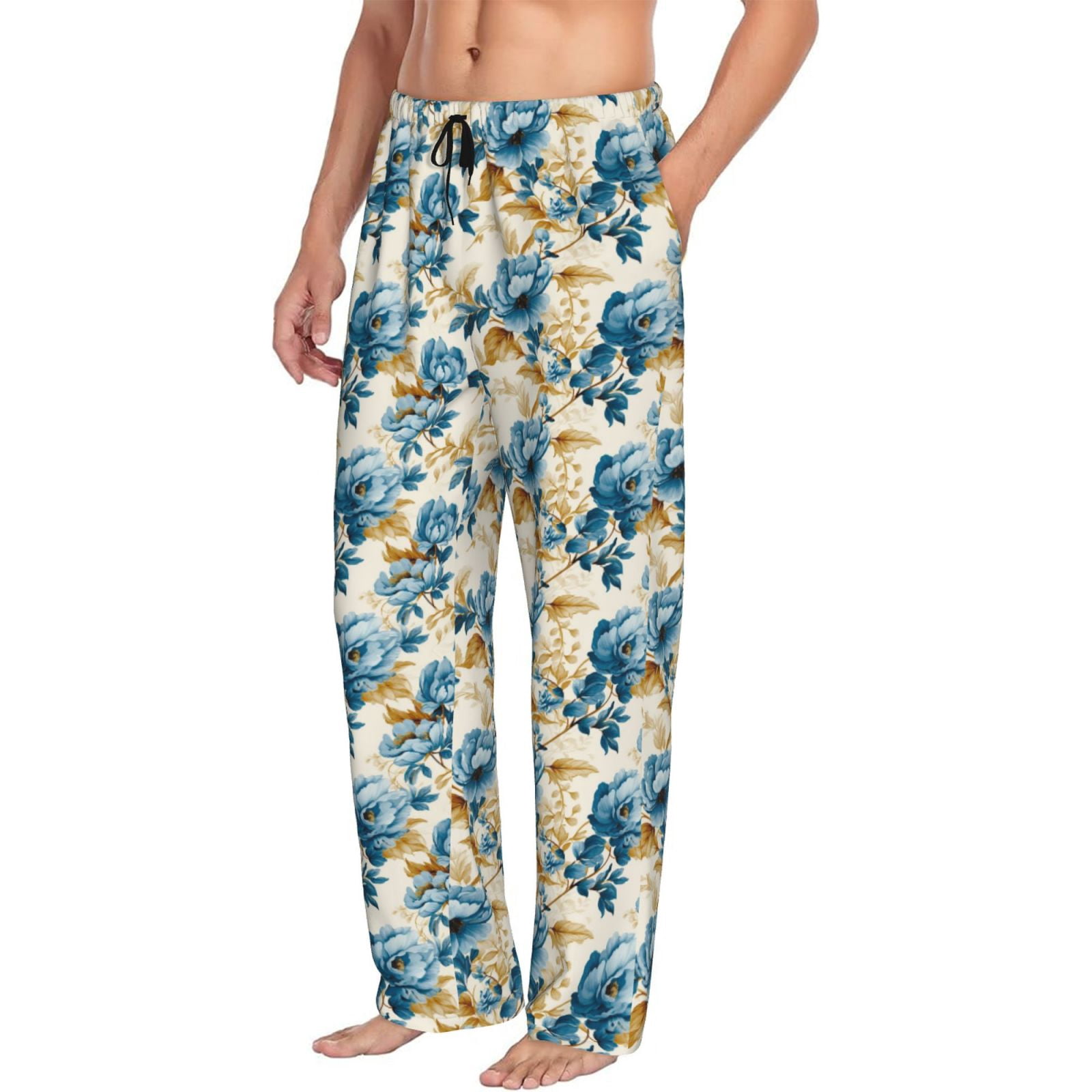 Mens Pajama Pants, Vintage Blue Flowers Mens PJ Pants Bottoms Sleep ...