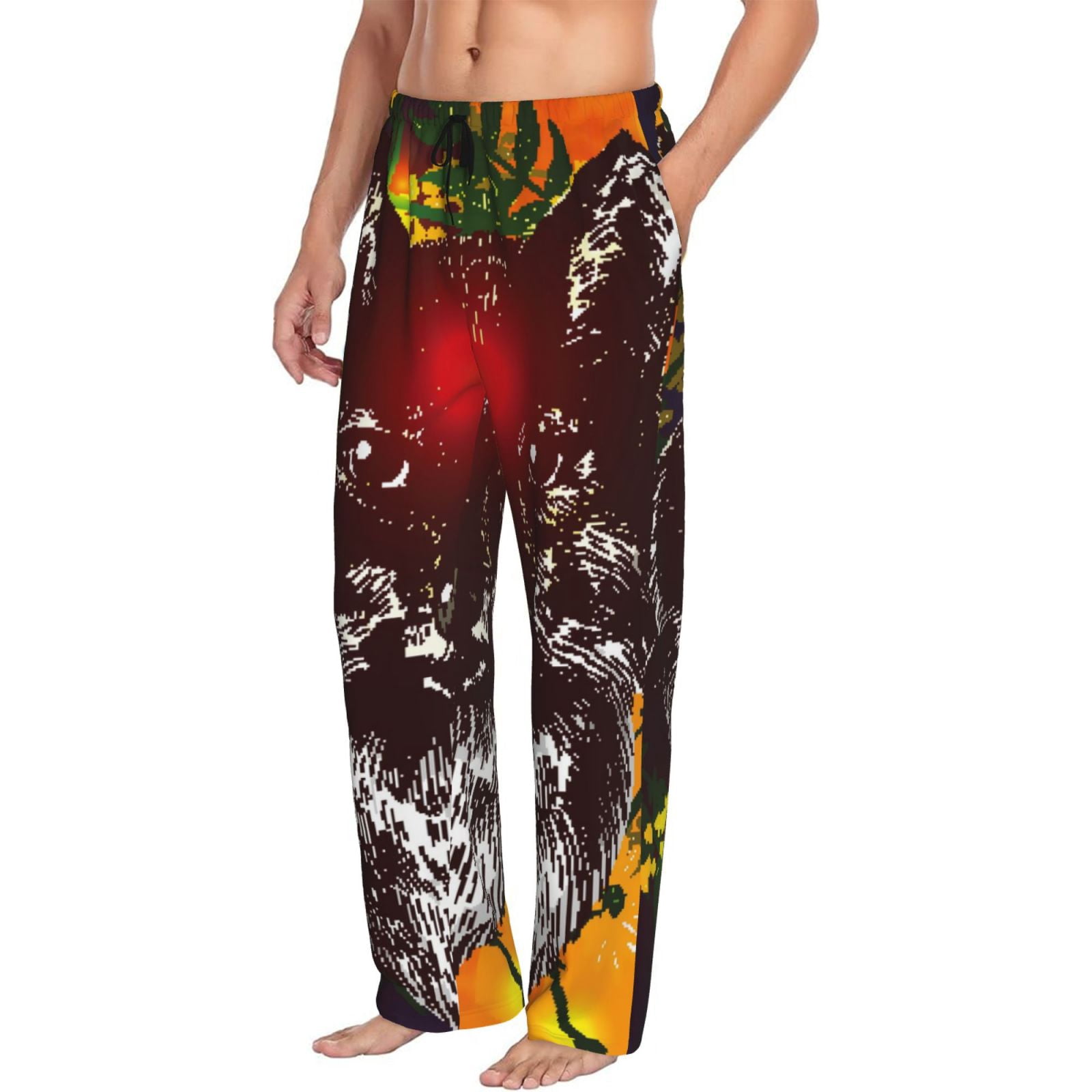 Mens Pajama Pants, Wolf With Wildflowers Mens PJ Pants Bottoms Sleep ...