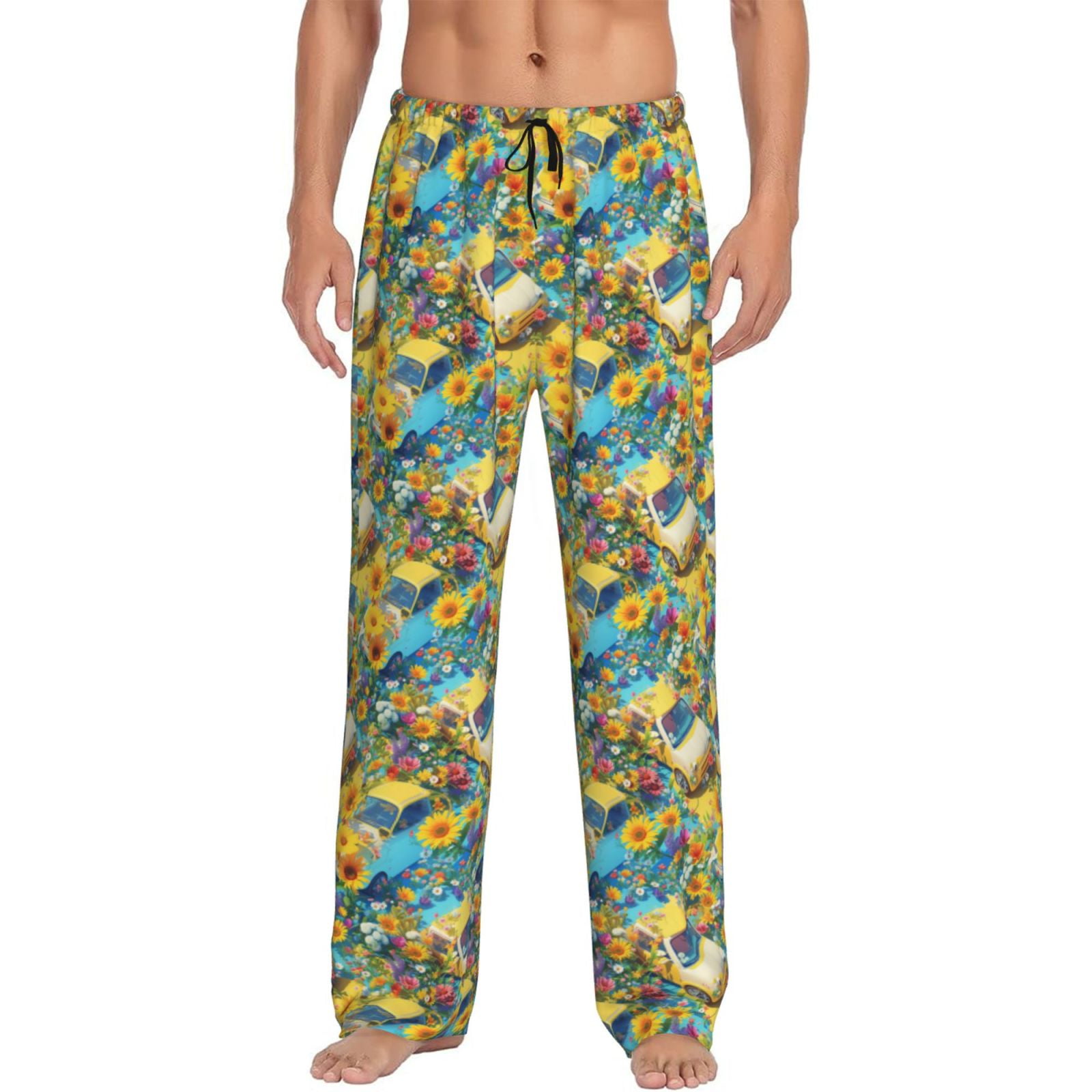 Mens Pajama Pants, Yellow Car Colorful Sunflower Lounge Pj Pants With ...