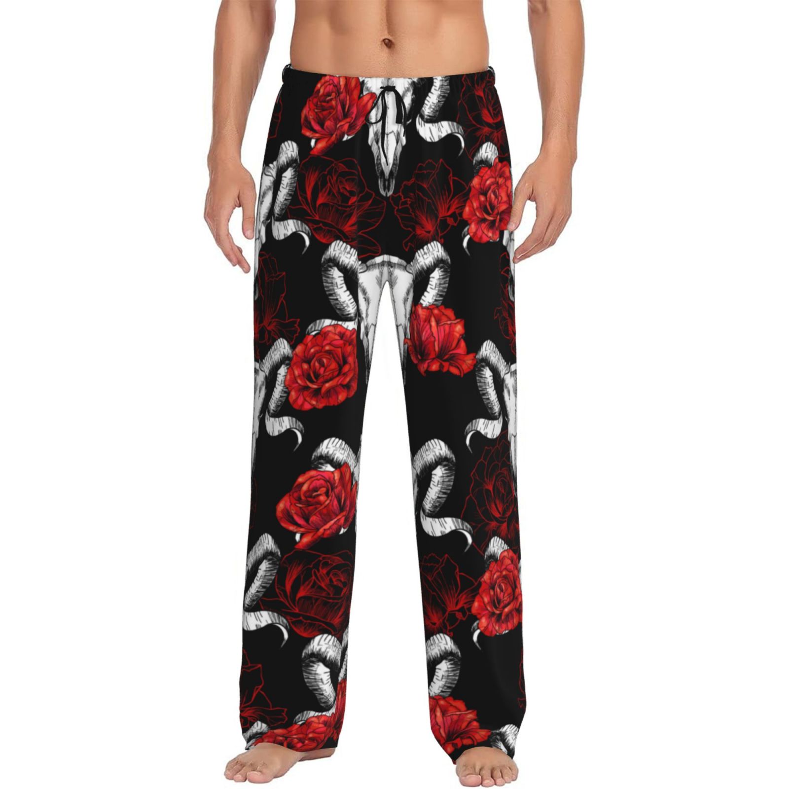 Mens Pajama Pants goat skull red roses black cool Mens Pajama Pants ...