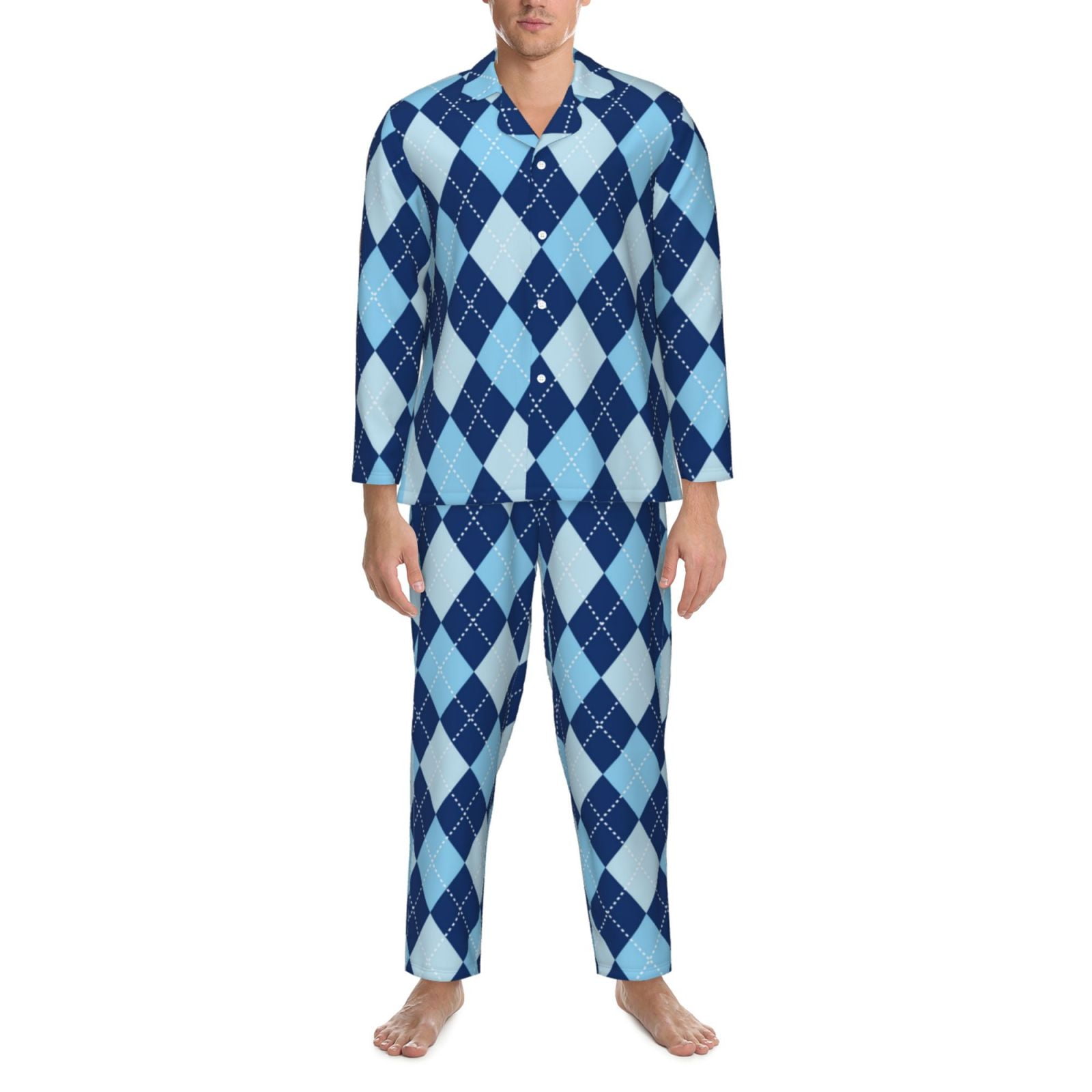 Mens Pajama Set, Blue Squares Long Sleeve Pjs Set, Sleepwear Button ...