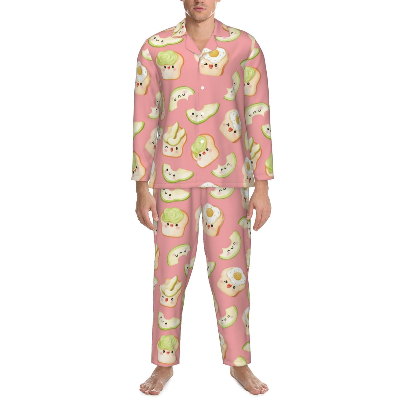 Mens Pajama Set, Cute Avocado Bread Egg Long Sleeve Pjs Set, Sleepwear ...