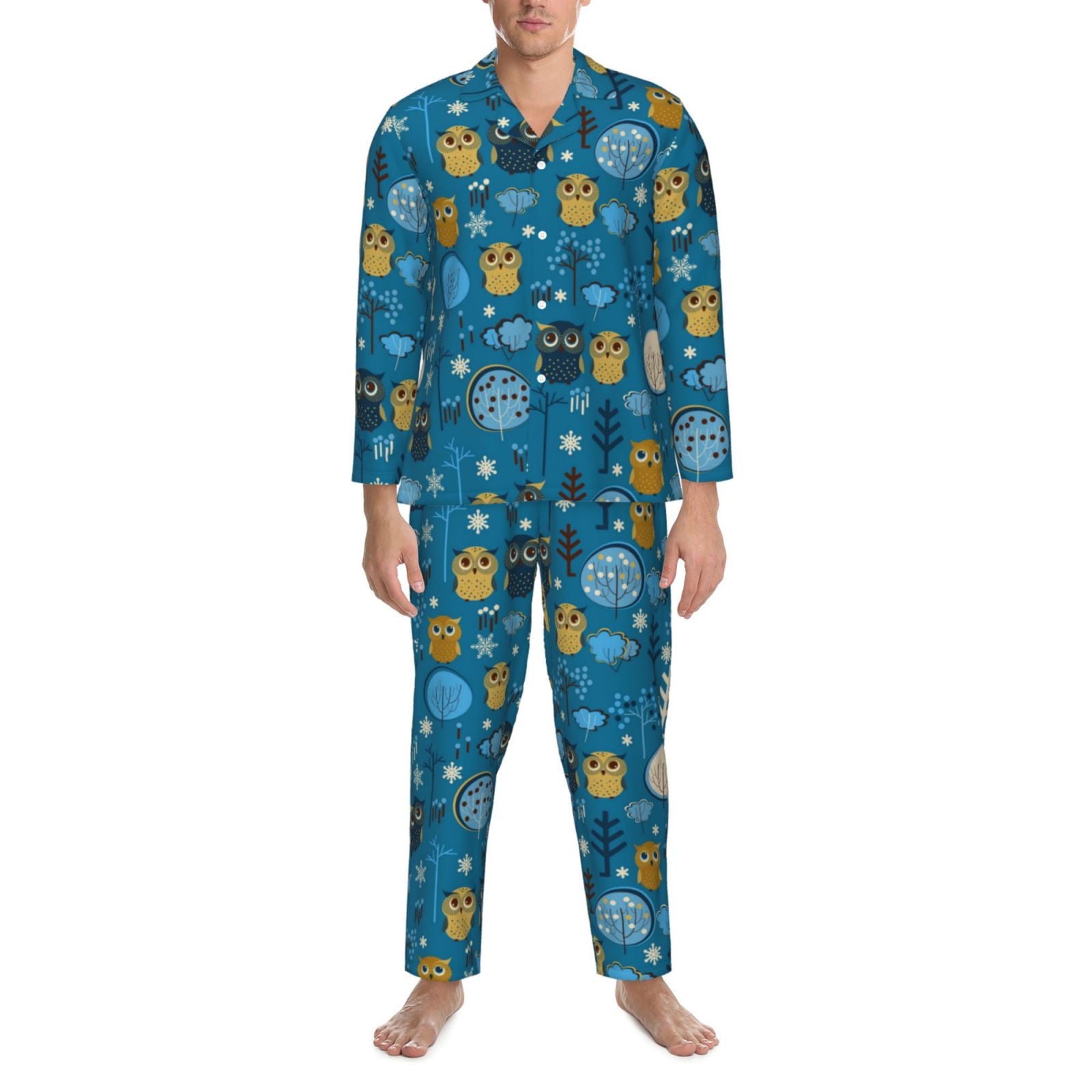 Mens Pajama Set, Cute Colorful Owls And Trees Long Sleeve Pjs Set ...