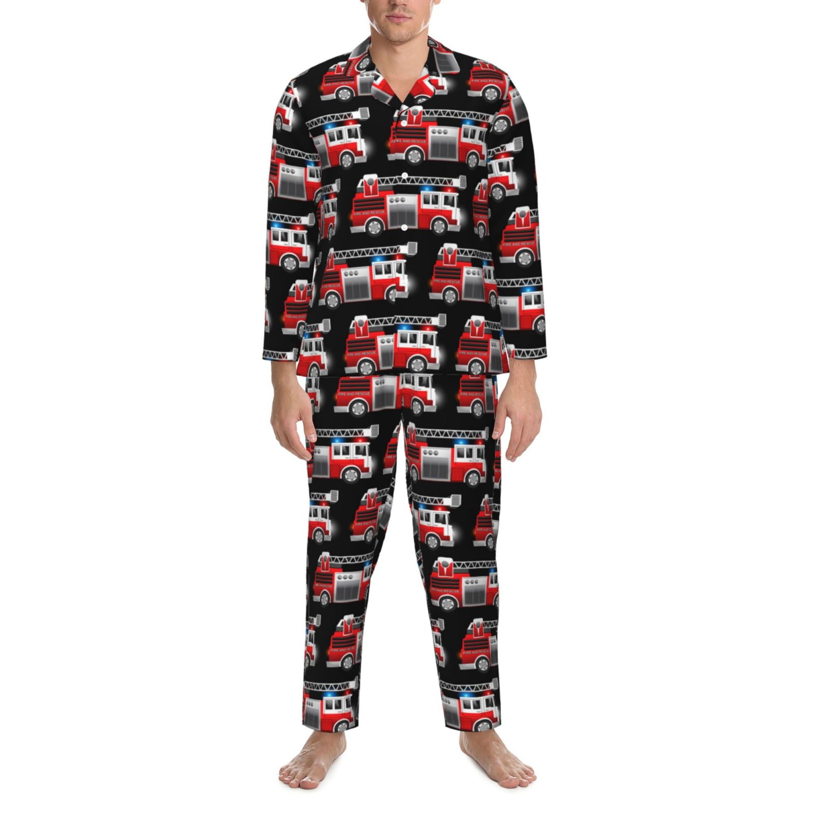 Mens Pajama Set, Fire and Rescue Truck Long Sleeve Pjs Set, Sleepwear ...