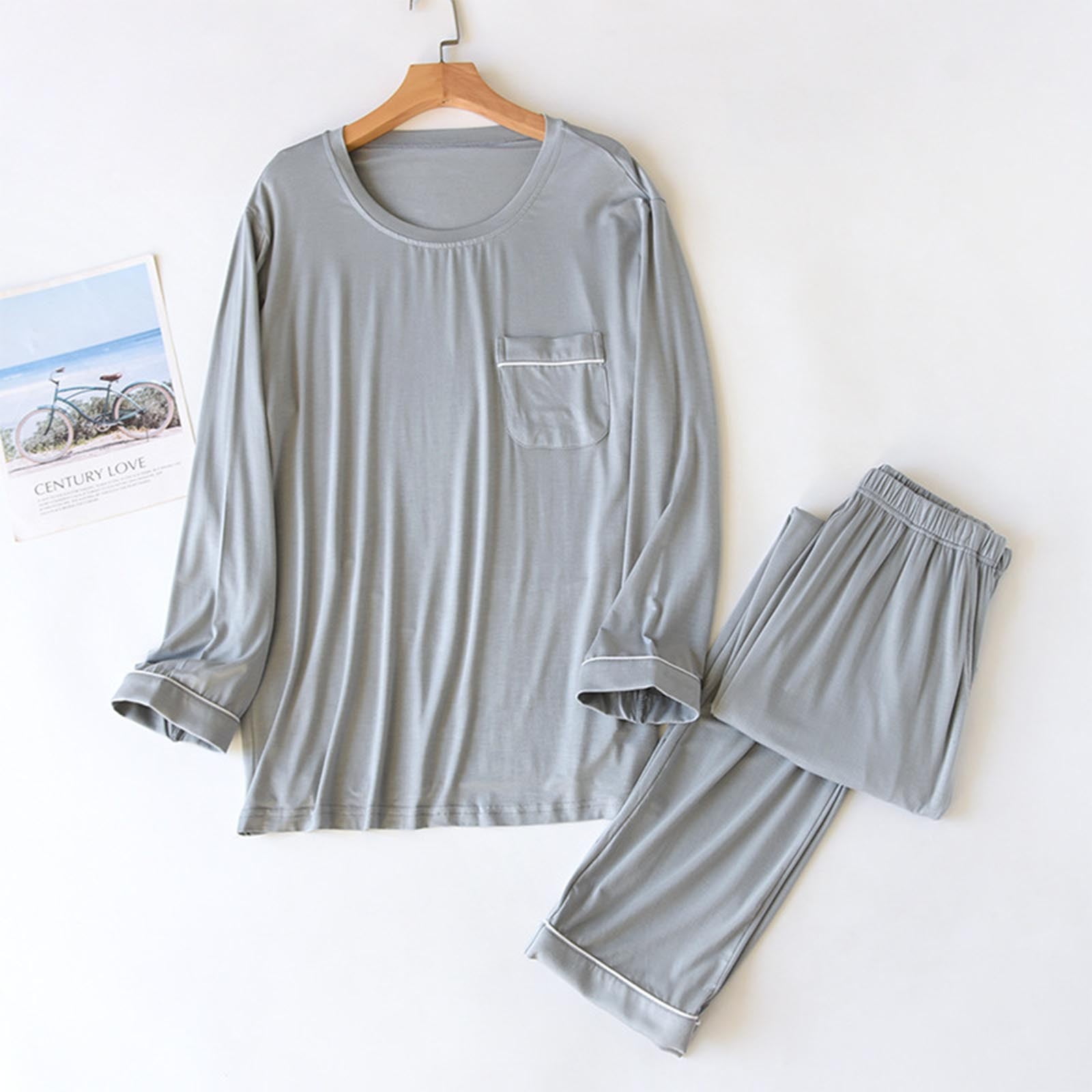 Mens Pajama Set Men Fashion Pajama Casual Round-Neck Long Sleeve Pants Set Sleepwear Fall ...