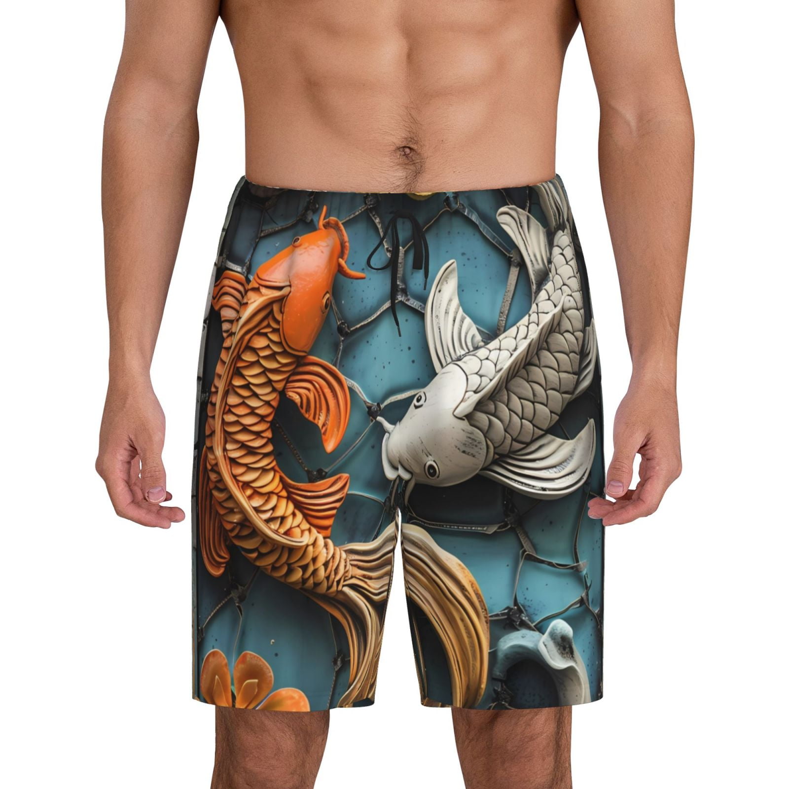 Mens Pajama Shorts, Colorful Koi Fish Art Mens Sleep Lounge Shorts, Soft Comfy PJ Bottom ...