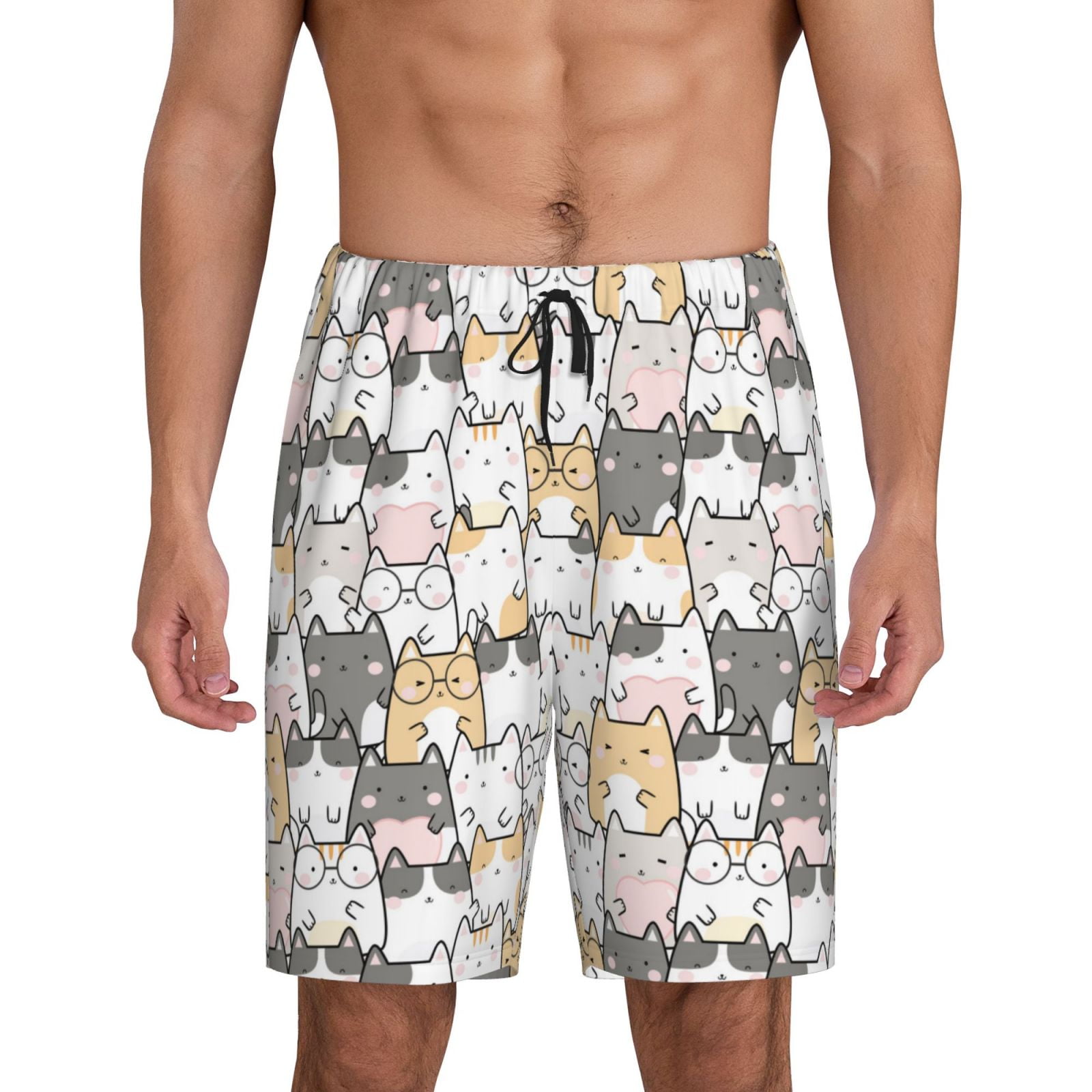 Mens Pajama Shorts - Comic Style Color Line Cartoon Cat Elastic ...