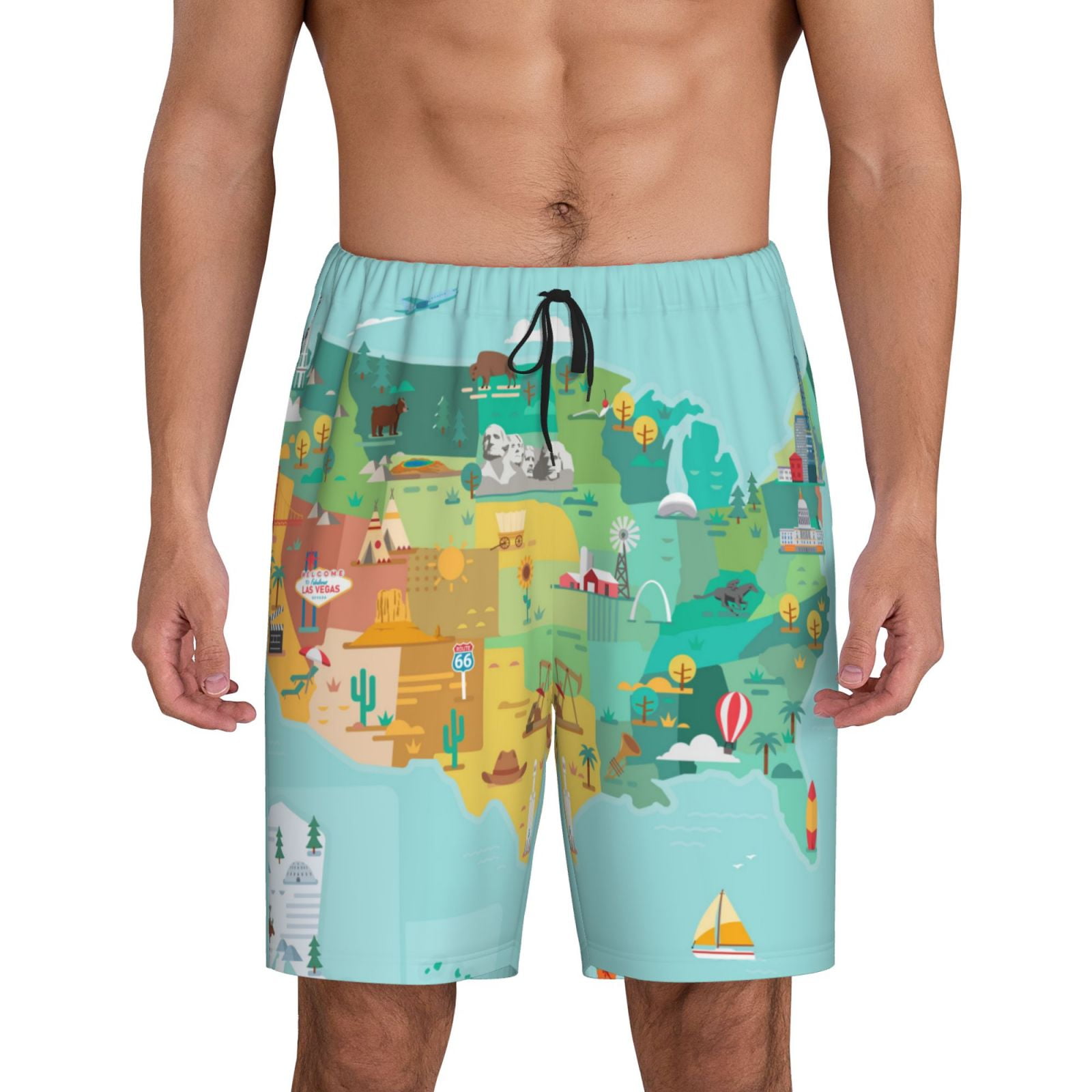 Mens Pajama Shorts, USA Tourist Map With Famous Landmarks Soft Mens ...