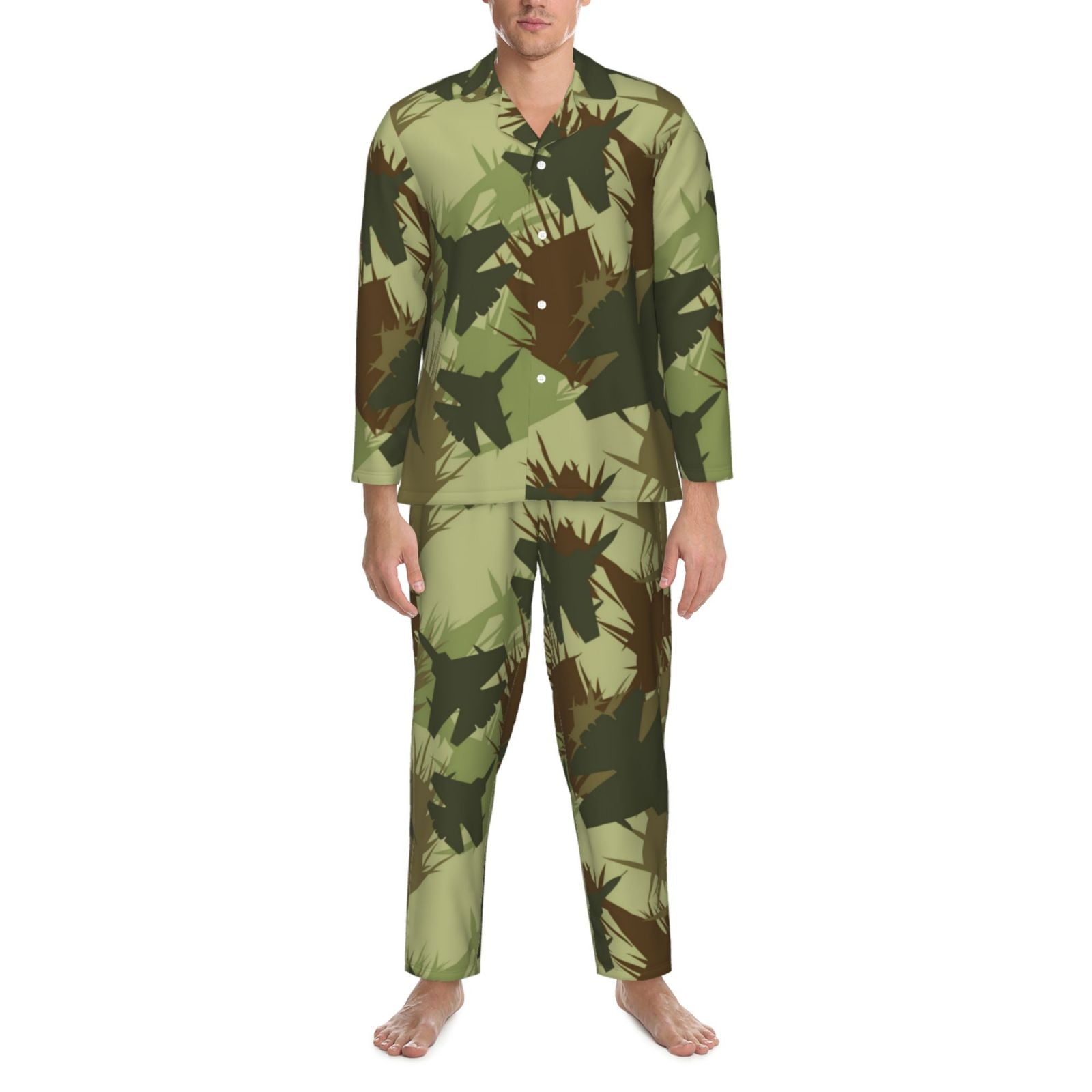 Mens Pajamas Set, Aircraft Green Camouflage Button-Down Pajamas for Men ...