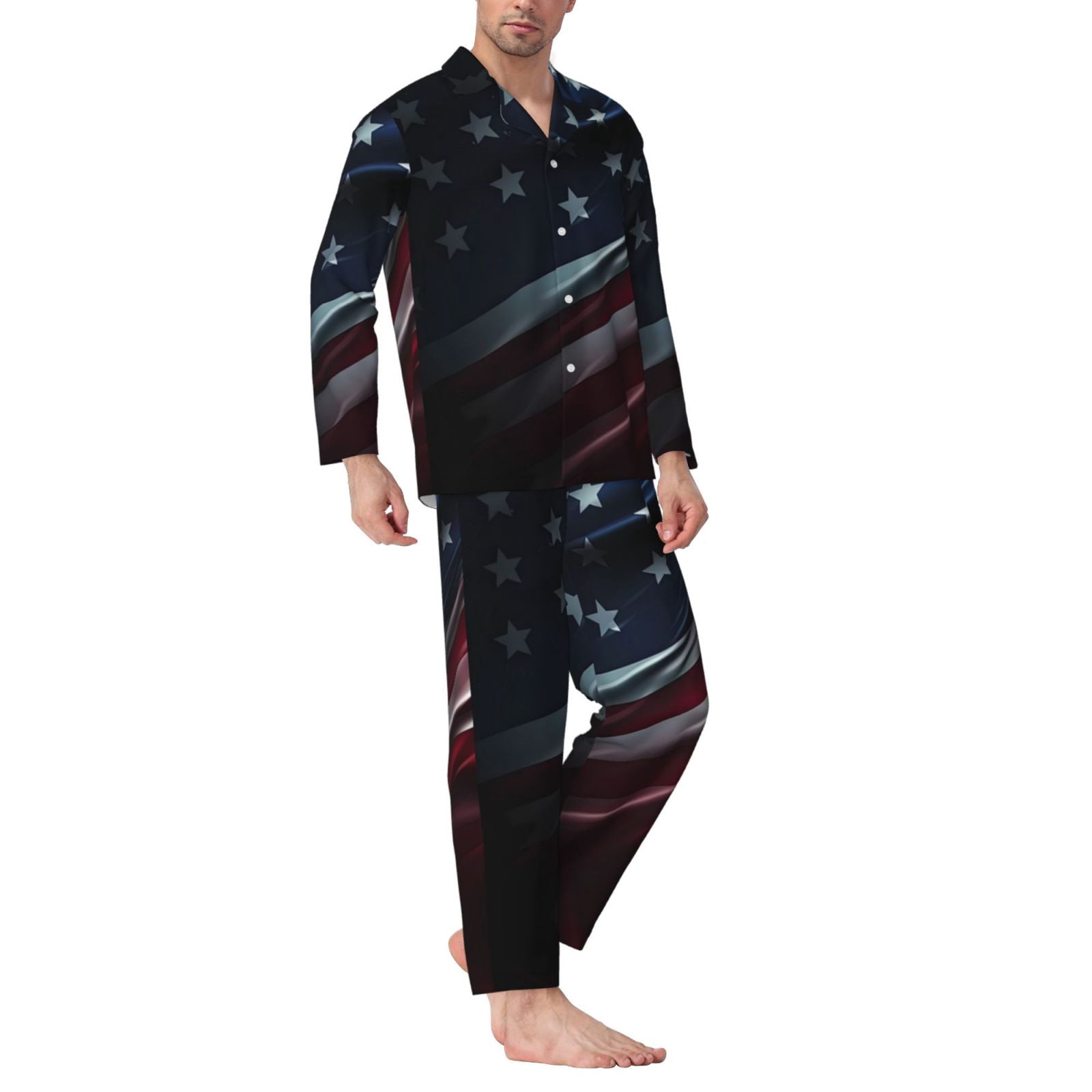 Mens Pajamas Set - American Flag Waving Print Comfy Long Sleeve Button ...