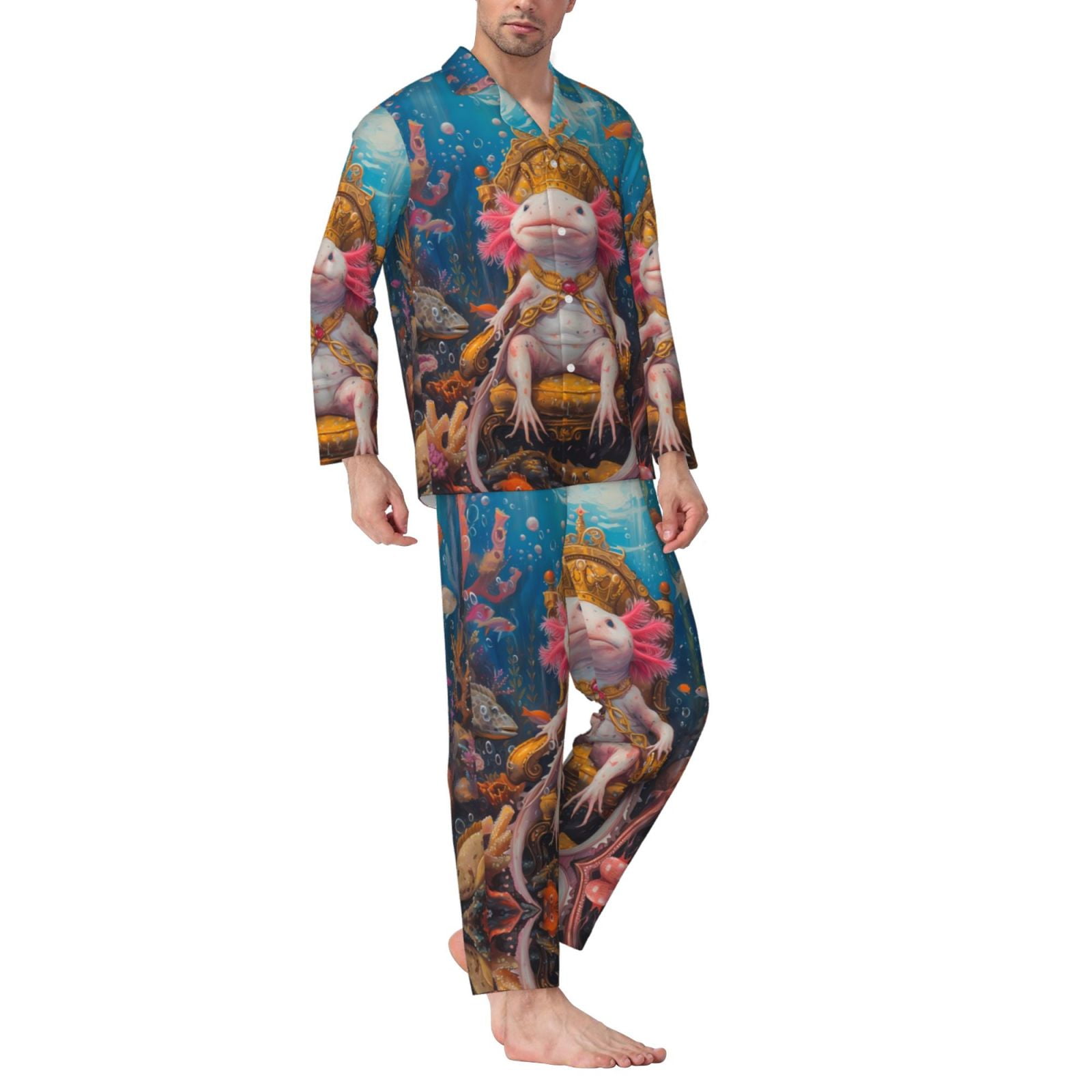 Mens Pajamas Set - Aquatic Axolotl King Comfy Long Sleeve Button Up ...
