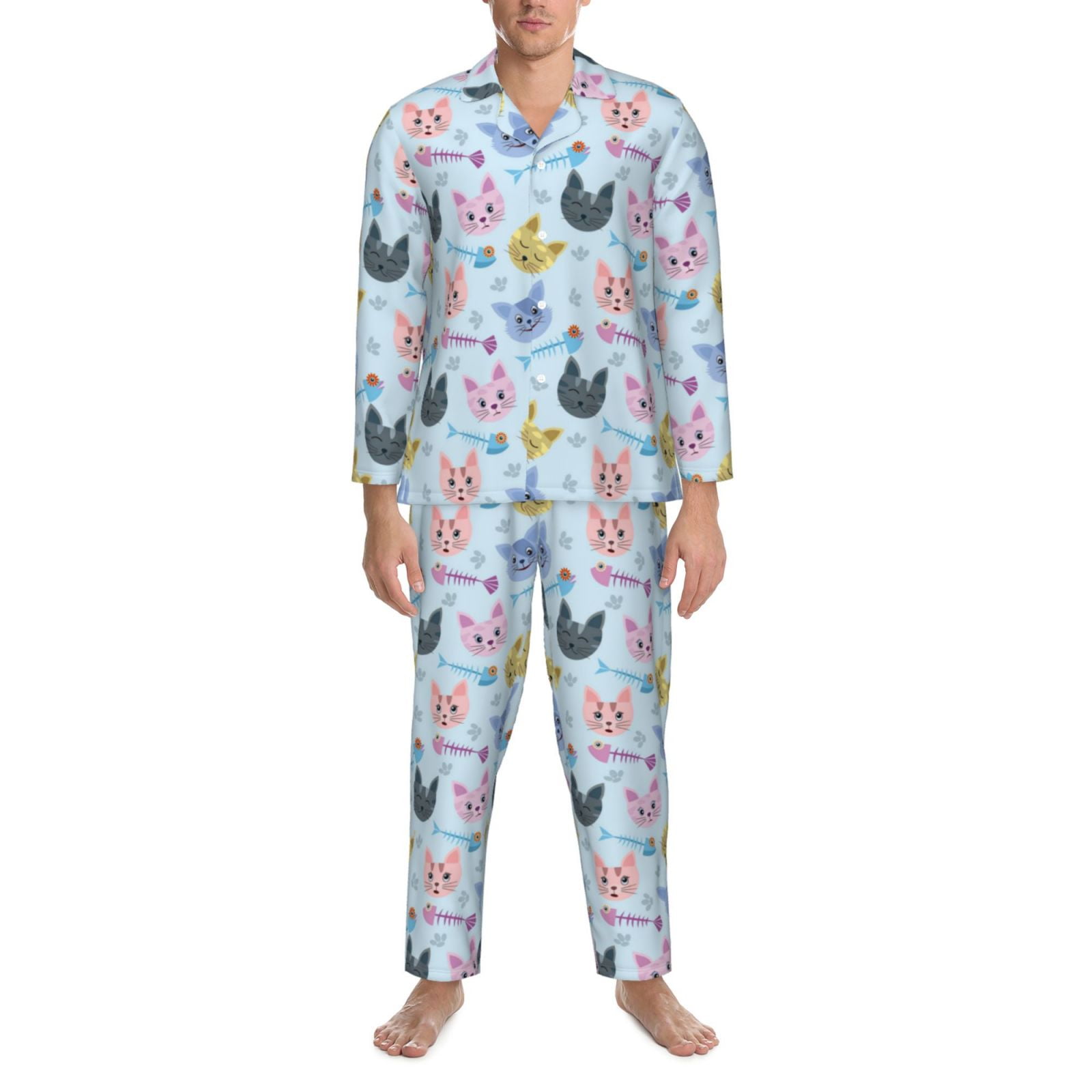 Mens Pajamas Set - Artistic Cute Cartoon Cat Fishbone Long Sleeve ...