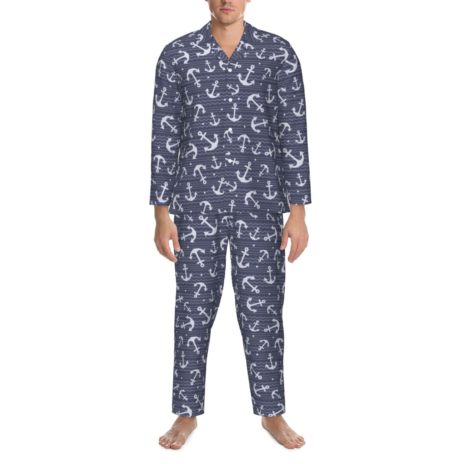 Mens Pajamas Set - Beautiful Anchor Wavy Dots Print Comfy Long Sleeve ...