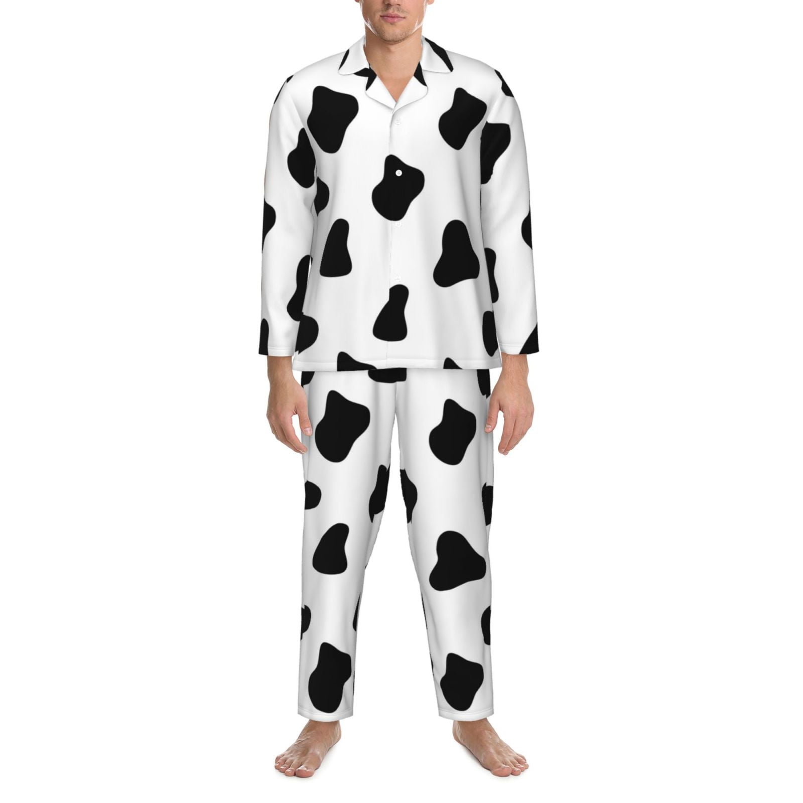 Mens Pajamas Set, Black White Cow Print Button-Down Pajamas for Men ...