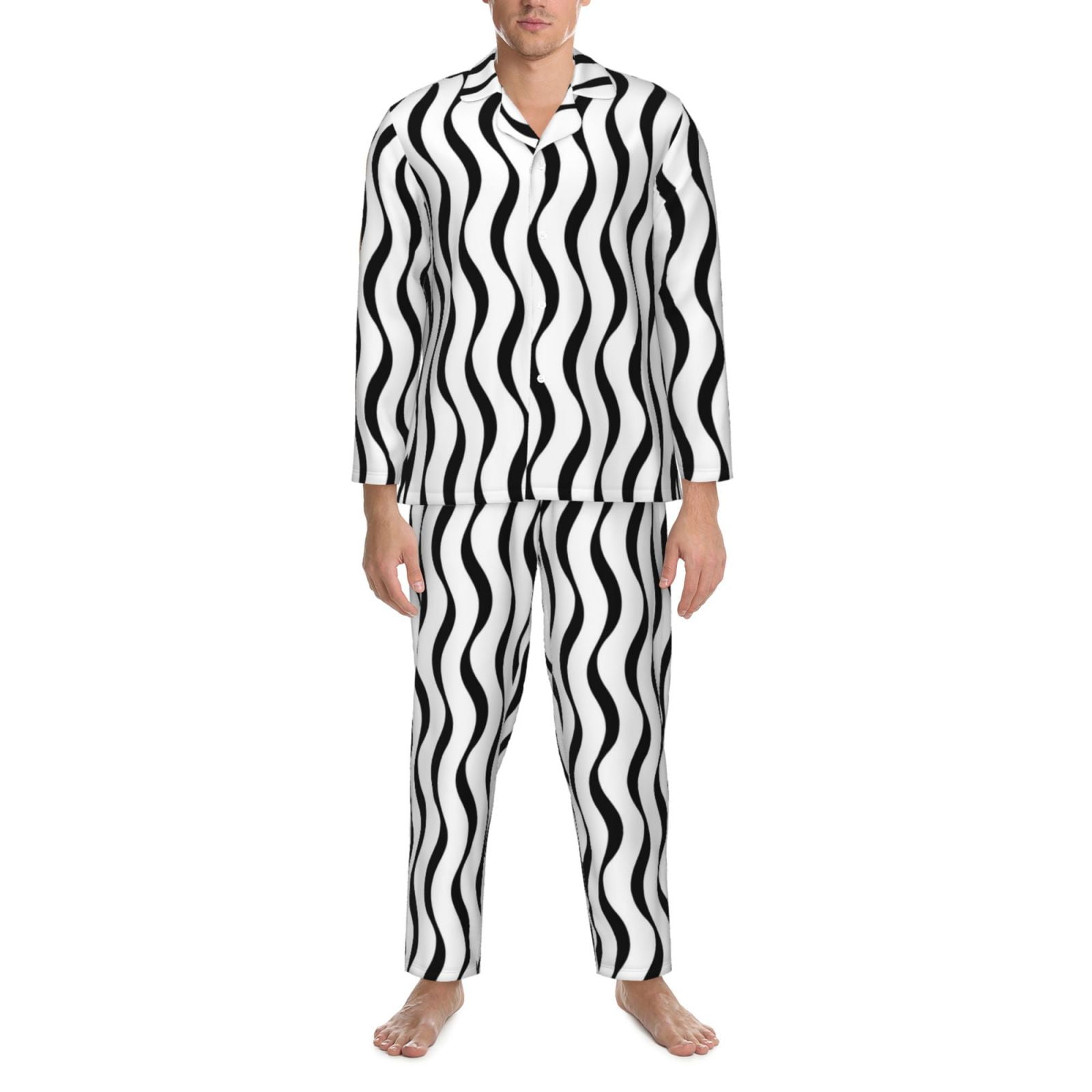 Mens Pajamas Set - Black White Wave Pattern Long Sleeve Pajamas for Men ...