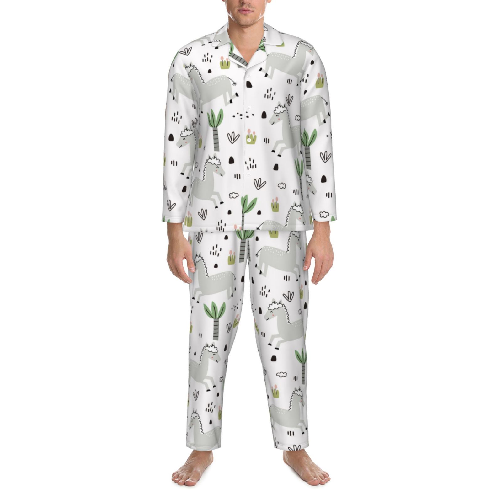 Mens Pajamas Set, Bohemian Funny Cute Horse White Button-Down Pajamas ...