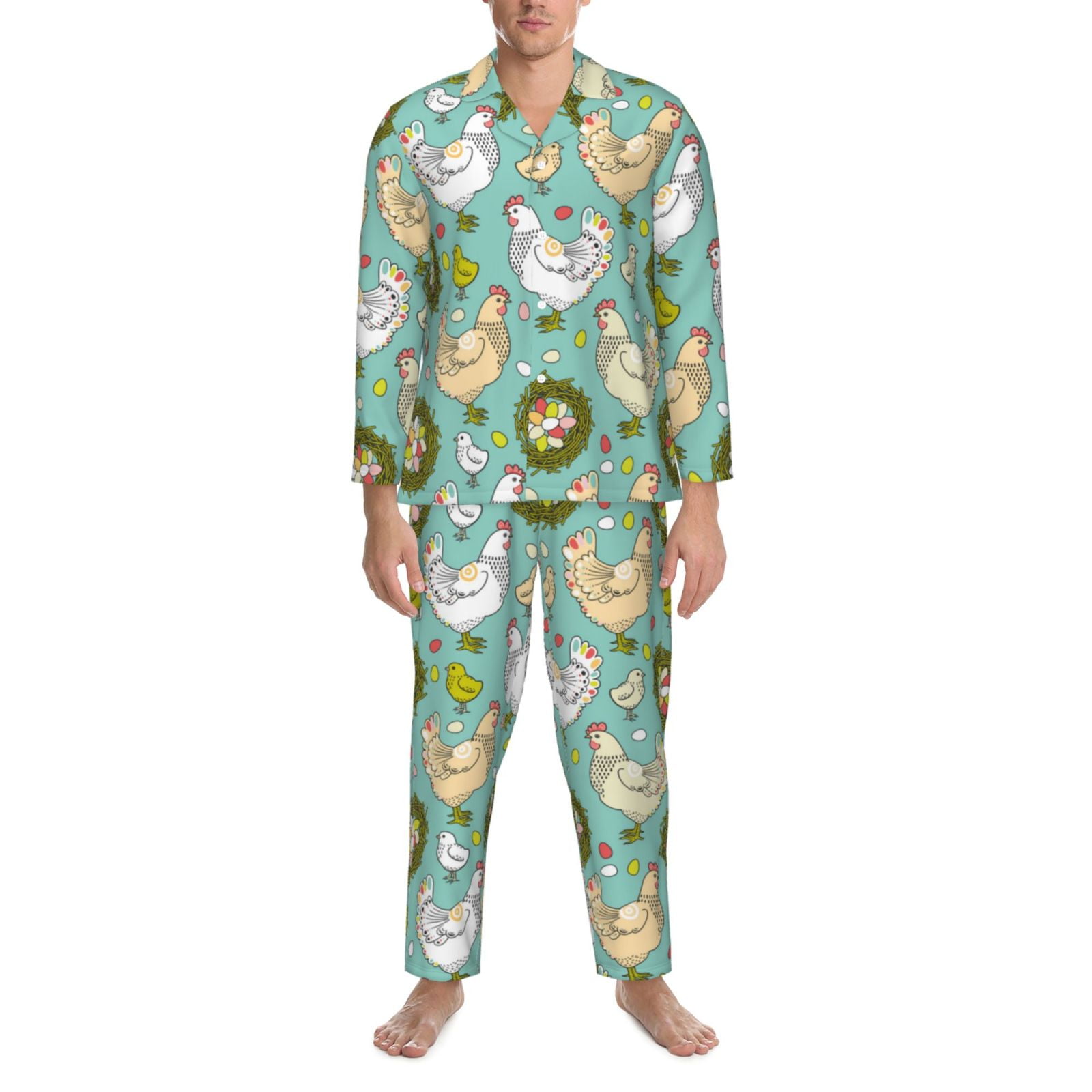 Mens Pajamas Set, Cartoon Colorful Cute Chicken Button-Down Pajamas for ...