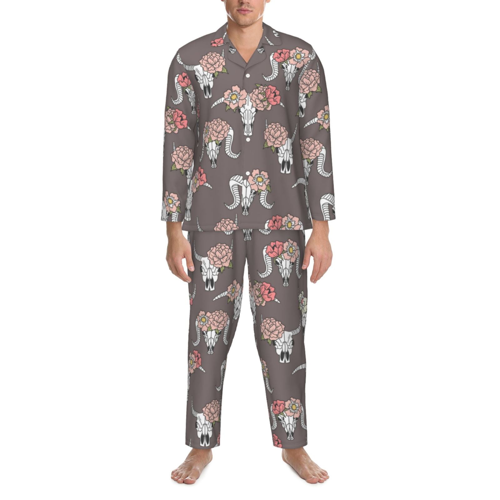 Mens Pajamas Set, Cartoon Cool Goat Skull Button-Down Pajamas for Men ...