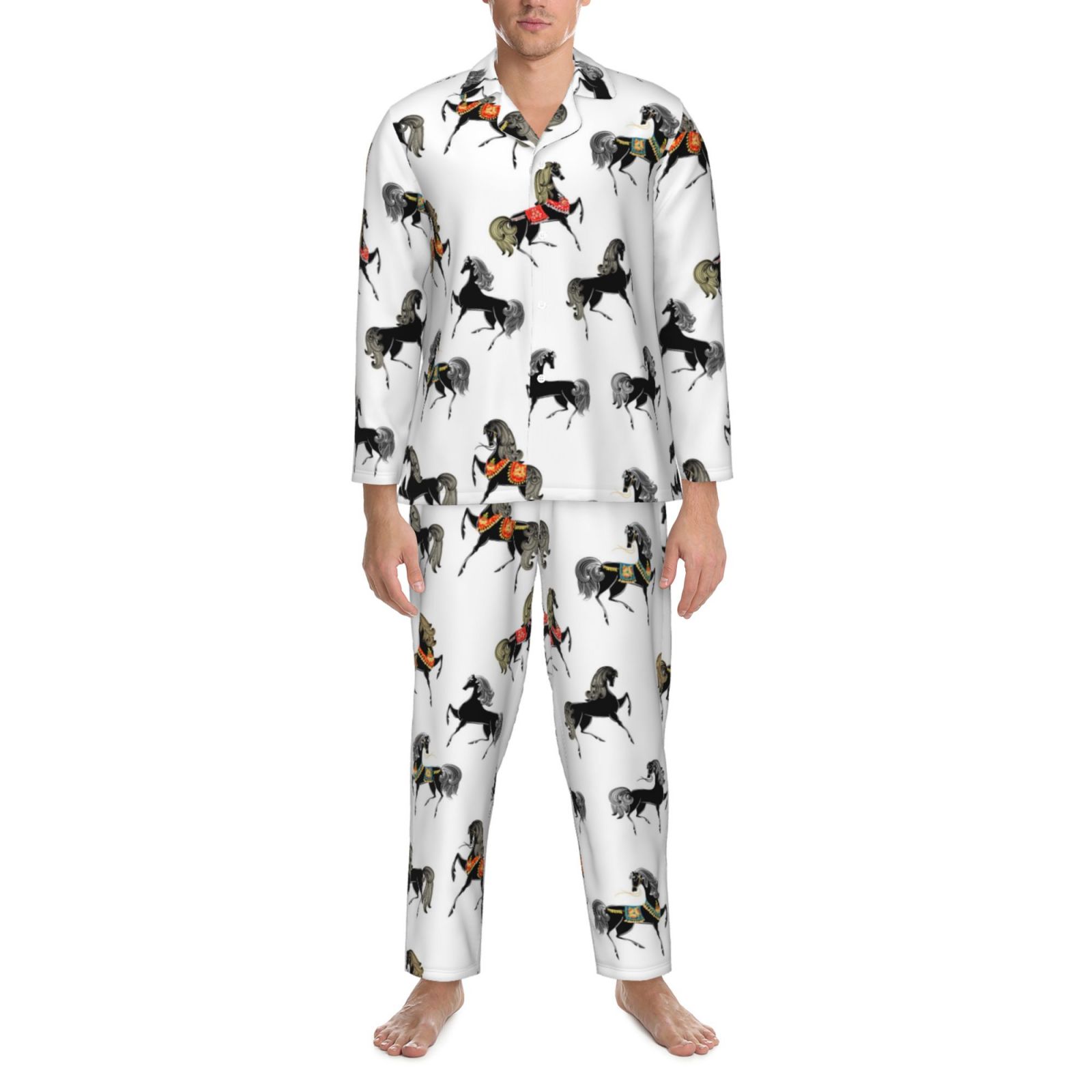 Mens Pajamas Set, Cartoon Cool Horse Black White Button Down Long ...