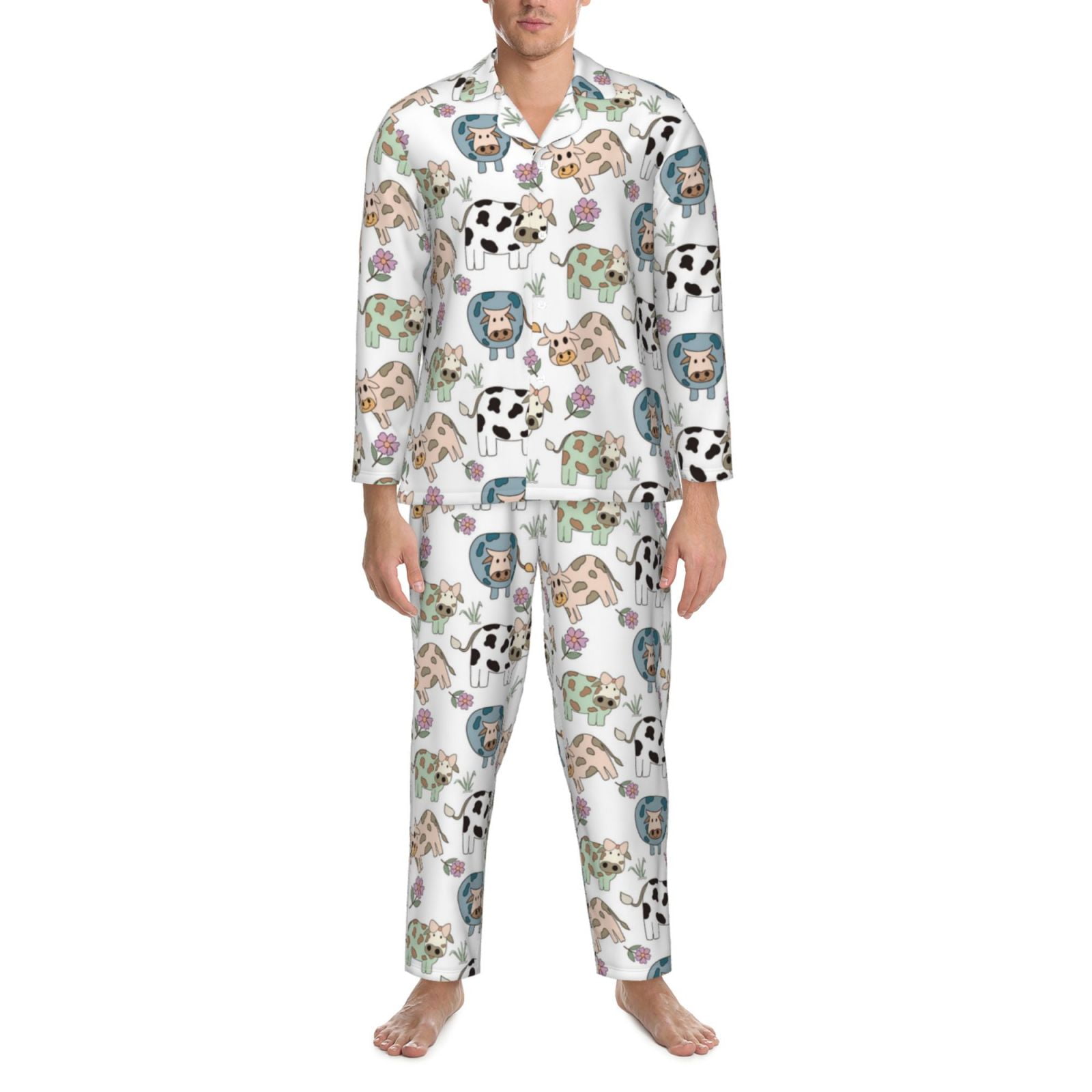 Mens Pajamas Set, Cartoon Cute Cow Flower Funny Button Down Long Sleeve ...
