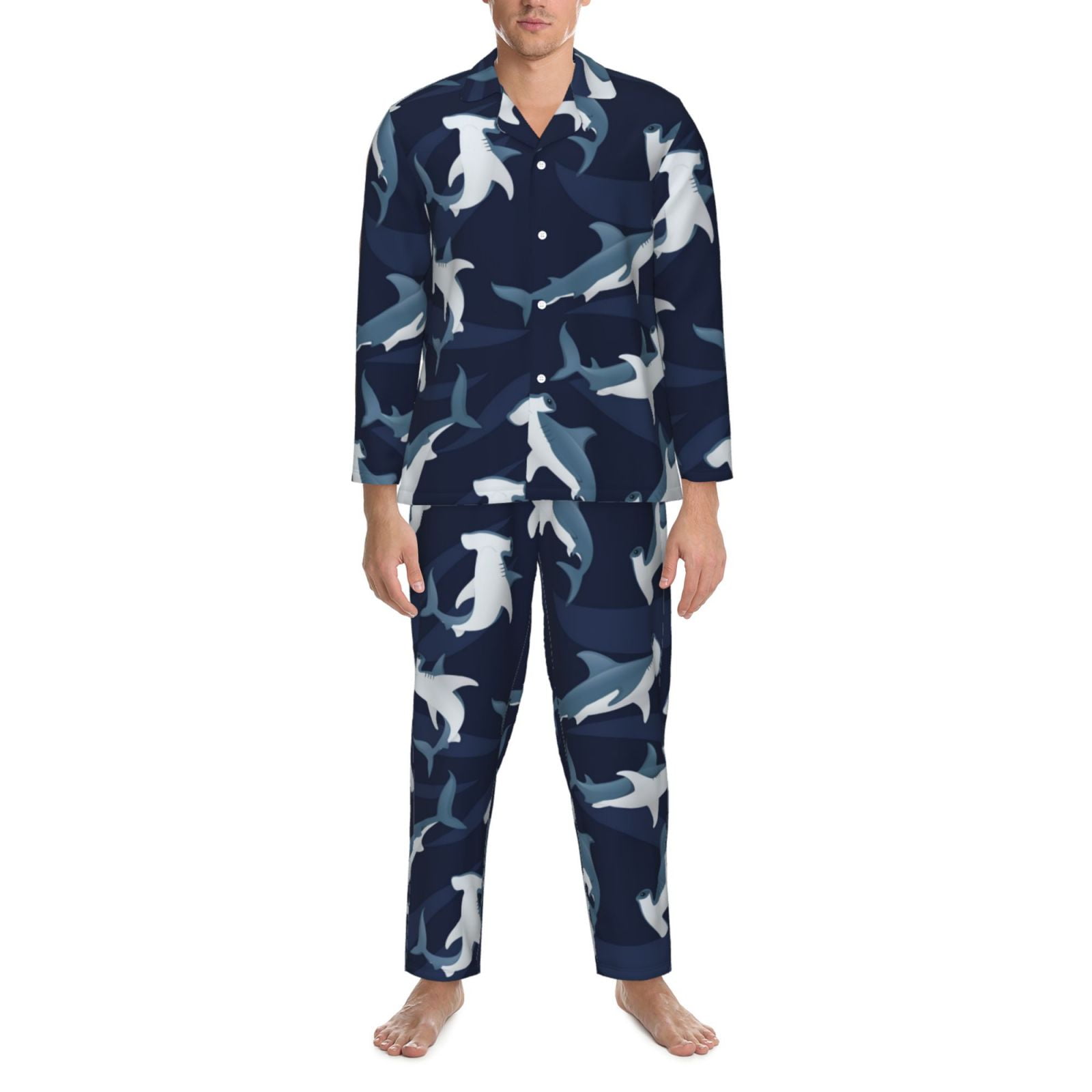 Mens Pajamas Set - Cartoon Cute Hammerhead Shark Long Sleeve Pajamas ...