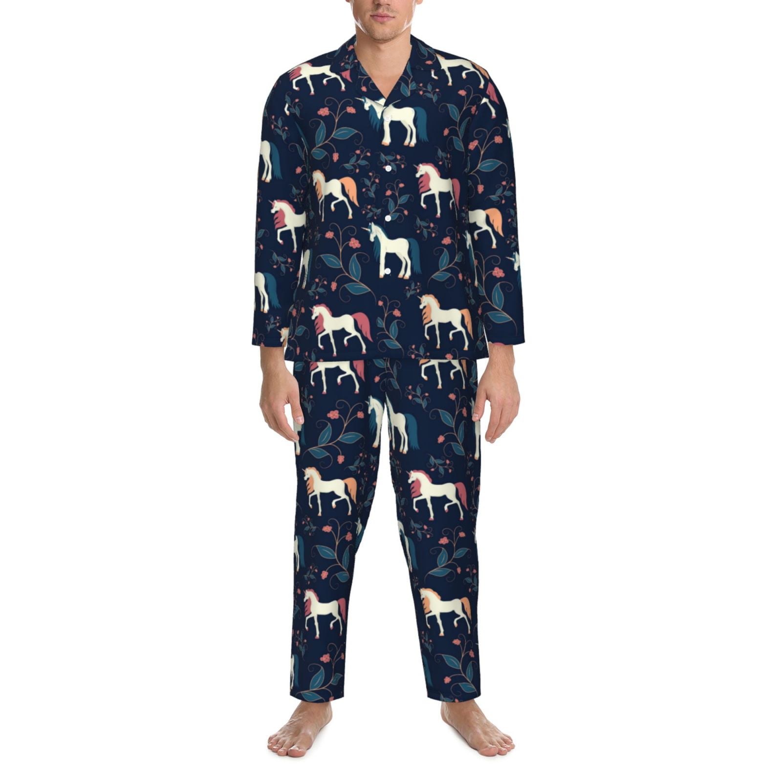 Mens Pajamas Set, Cartoon Cute Horse Flowers Button-Down Pajamas for ...