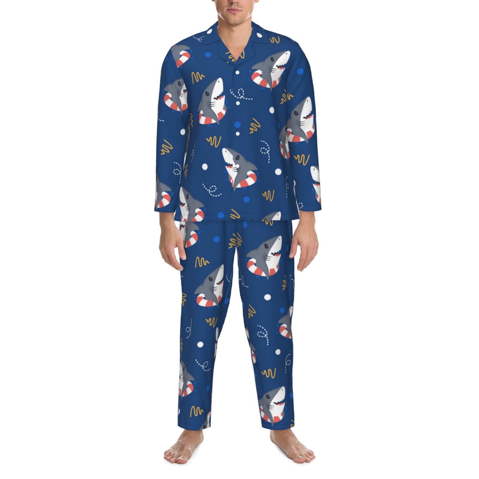 Mens Pajamas Set, Cartoon Cute Shark Swim Ring Button-Down Pajamas for ...