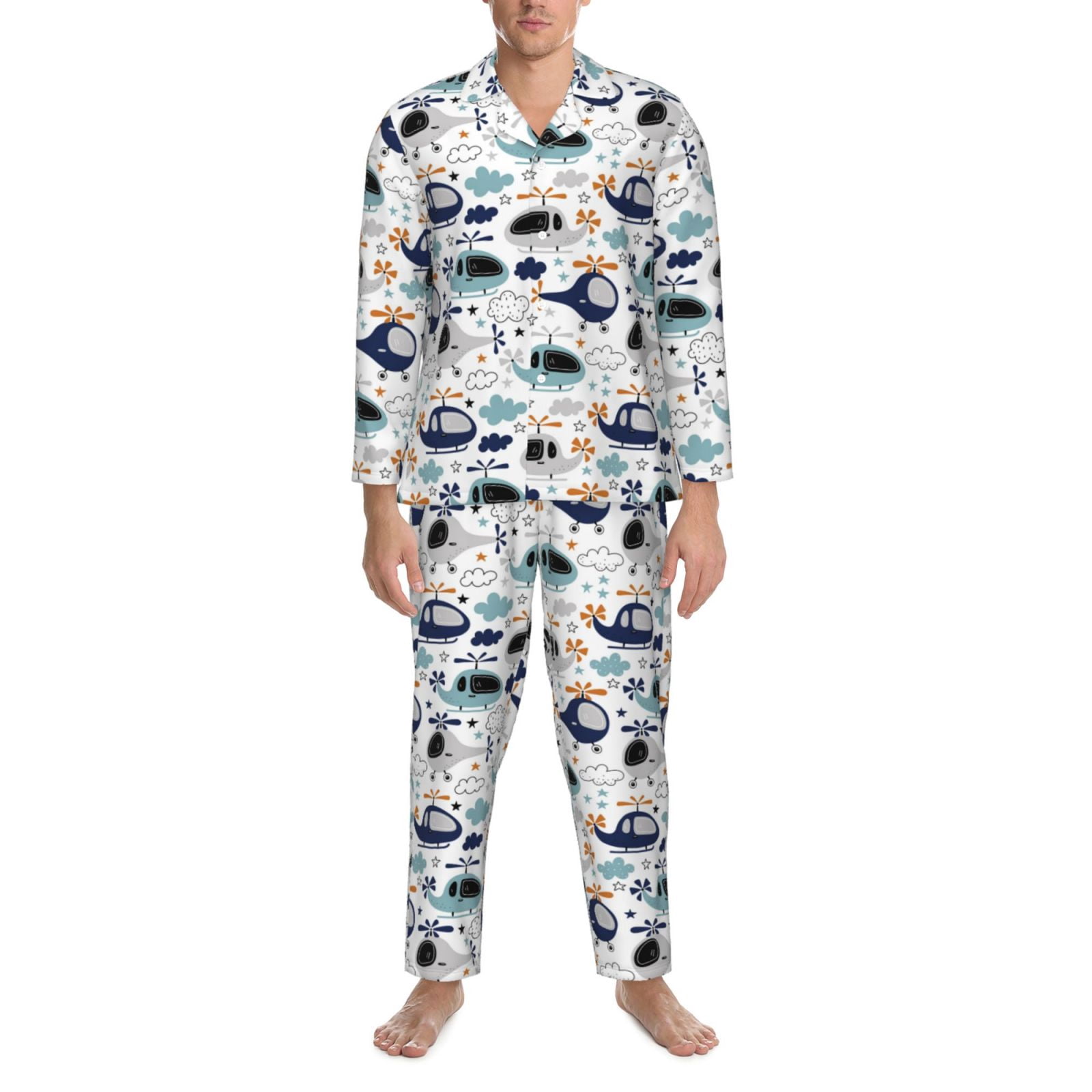 Mens Pajamas Set - Cartoon Helicopters Comfy Long Sleeve Button Up ...
