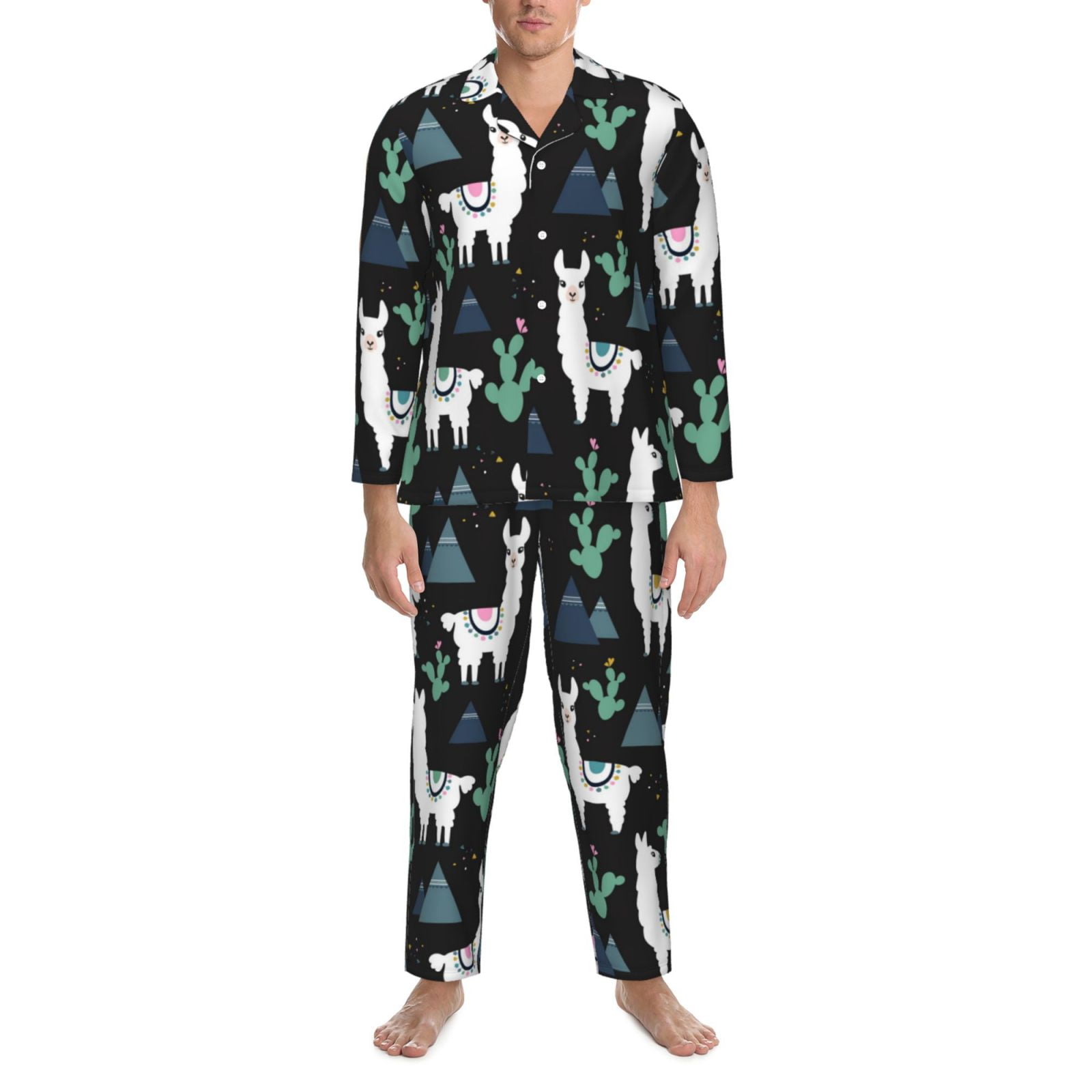 Mens Pajamas Set, Cartoon Pyramid Cute Alpaca Cactus Button-Down ...