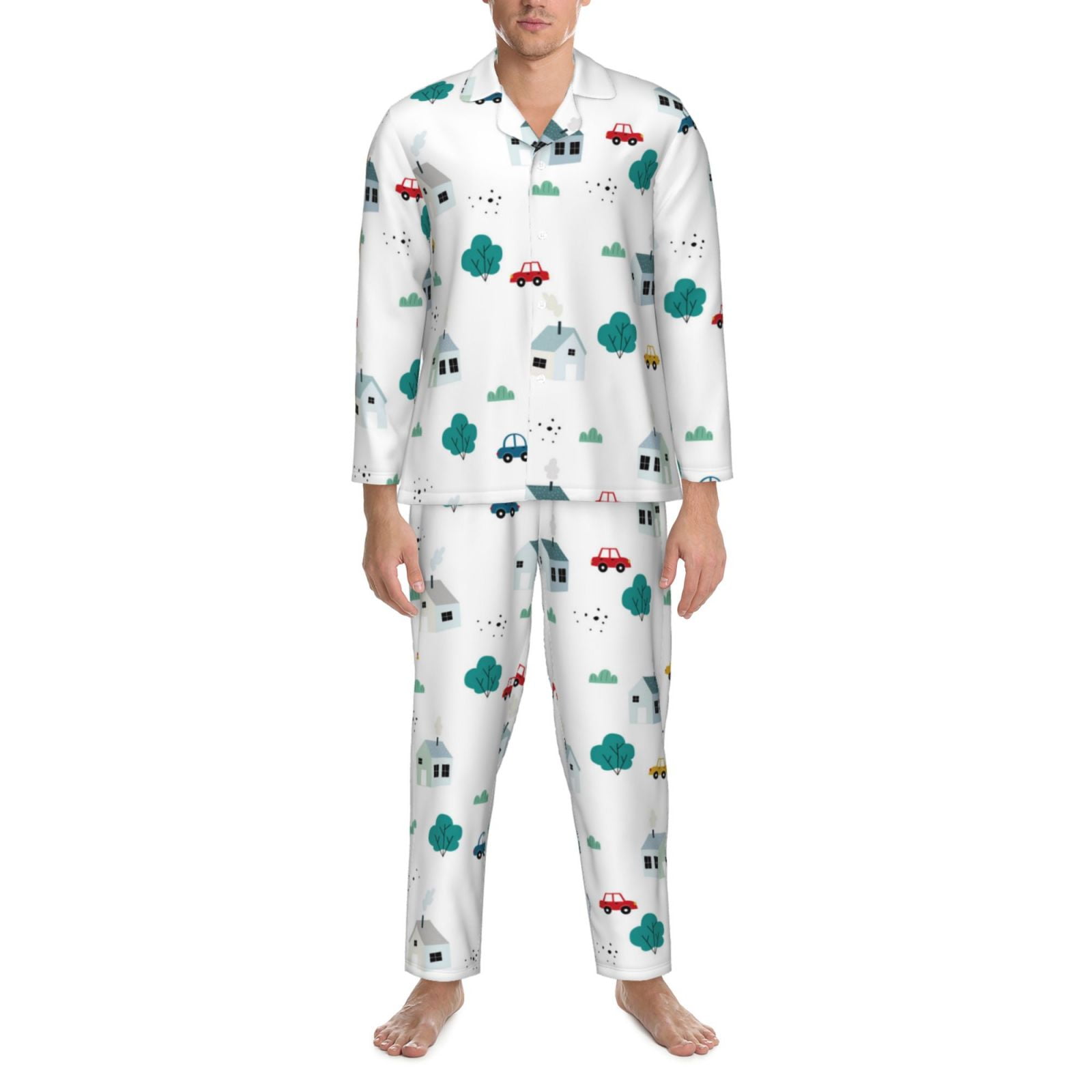 Mens Pajamas Set, Cartoon house car Button-Down Pajamas for Men Long ...