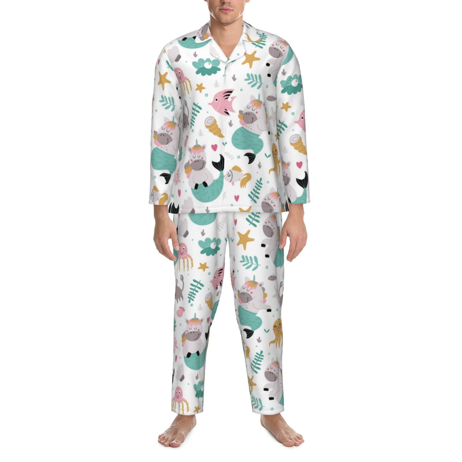 Mens Pajamas Set - Cartoon octopus crab Soft Comfy Long Sleeve Button ...