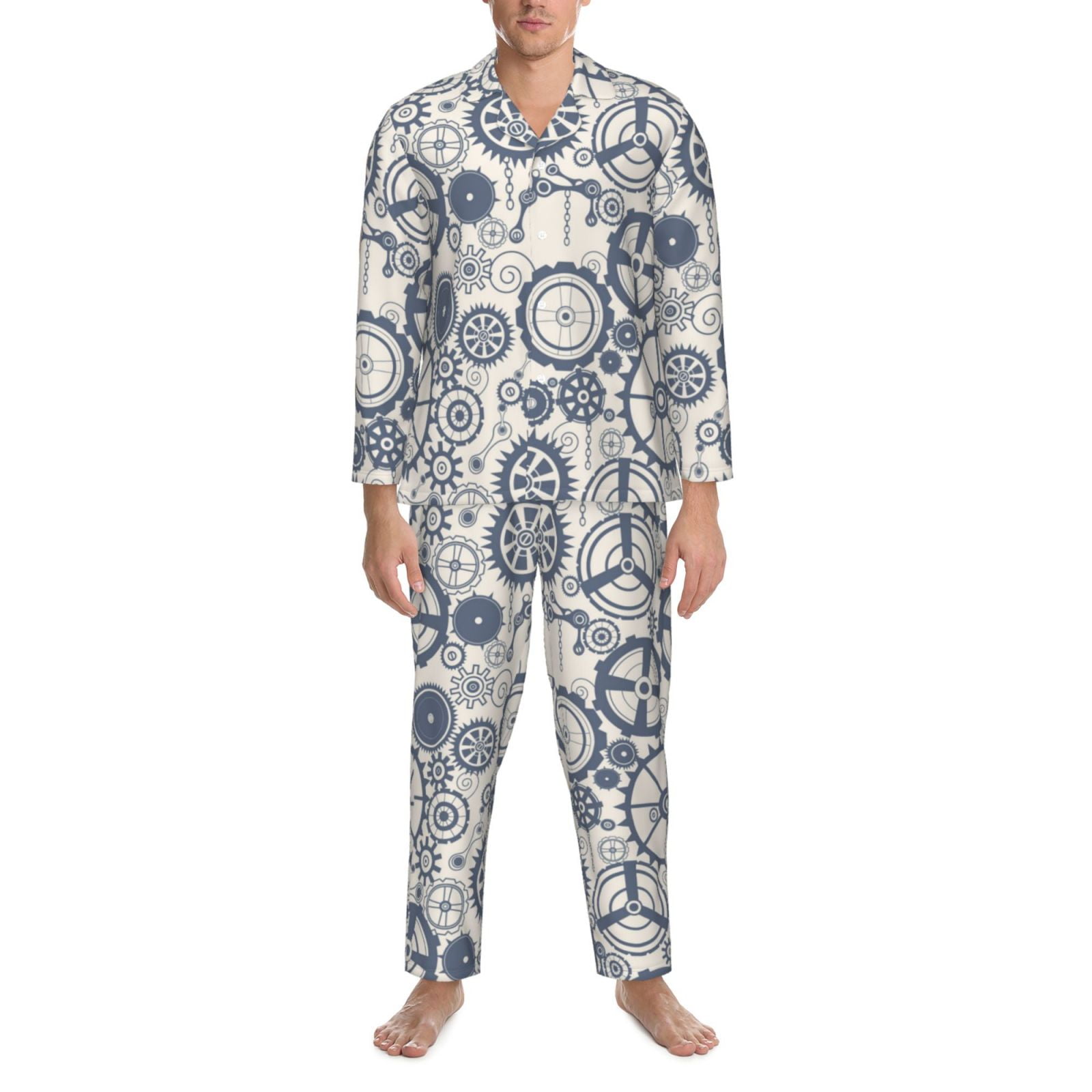 Mens Pajamas Set - Casual gear Pattern Soft Comfy Long Sleeve Button Up ...