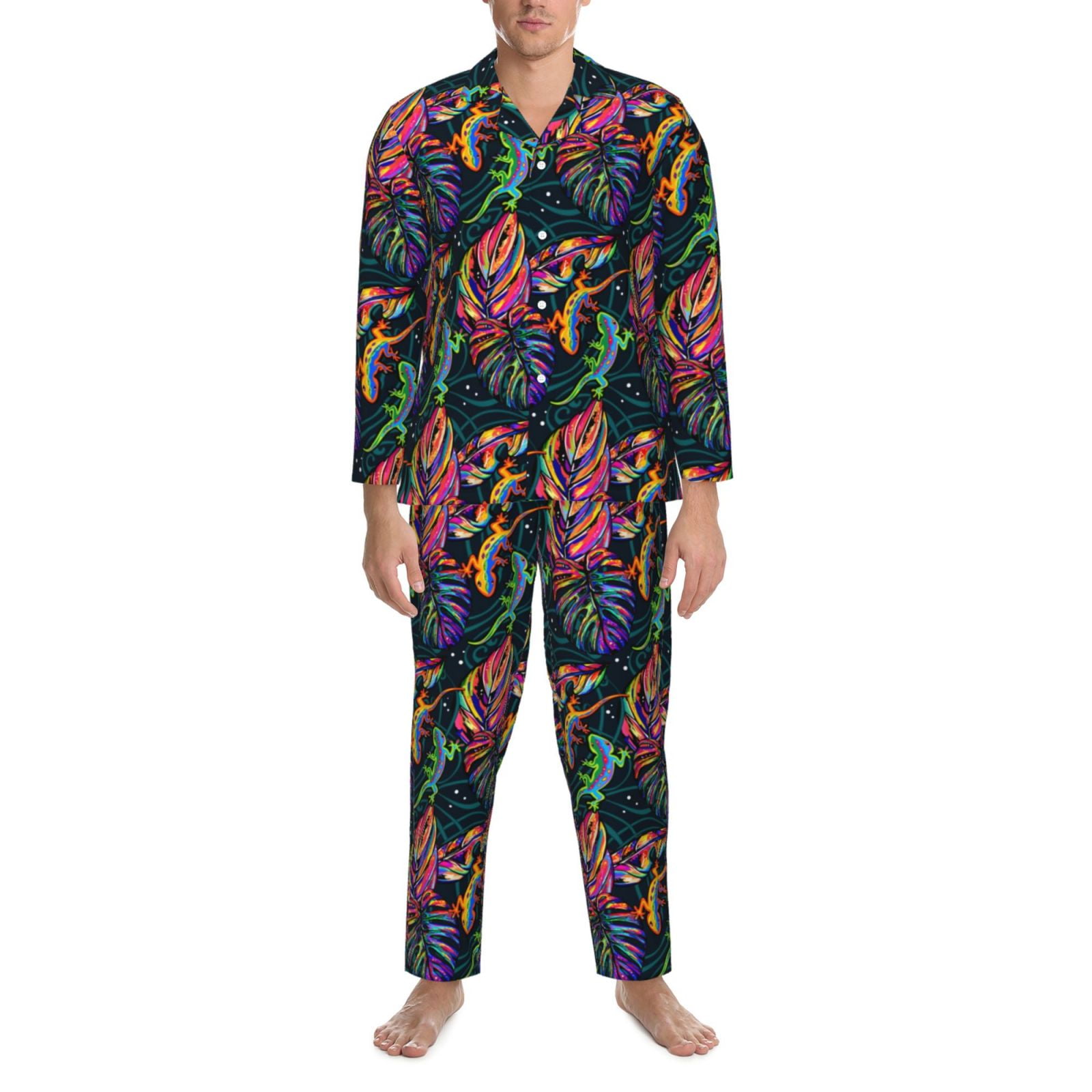 Mens Pajamas Set - Colorful Gecko Cute Lizard Long Sleeve Pajamas for ...