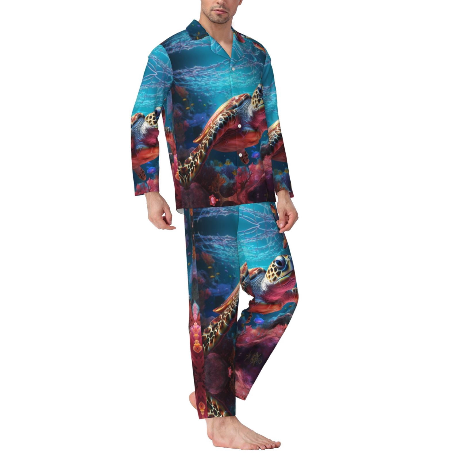 Mens Pajamas Set - Colorful Ocean Sea Turtle Comfy Long Sleeve Button ...