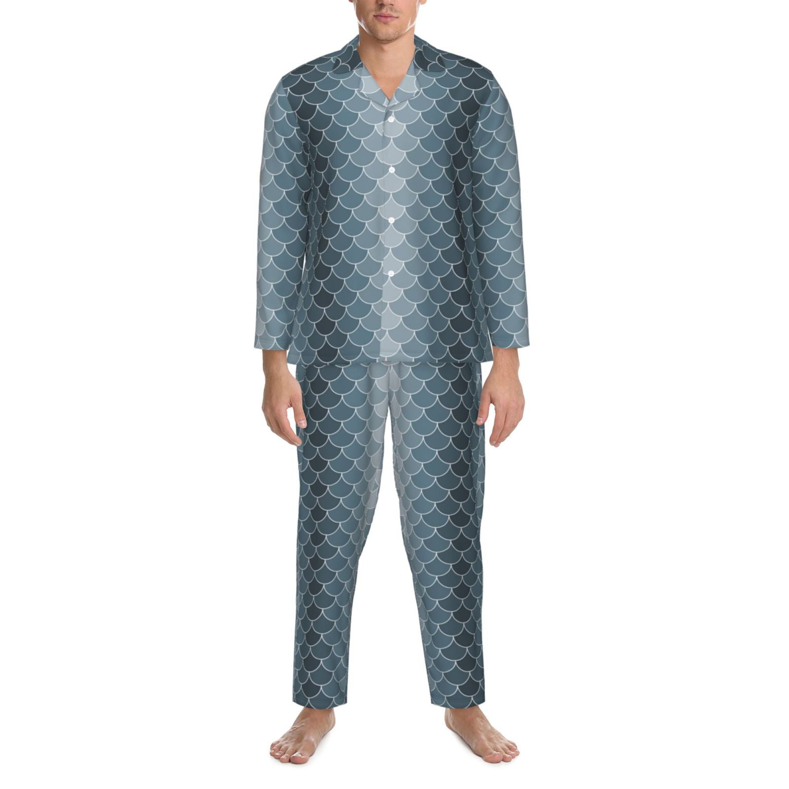 Mens Pajamas Set - Cool Gray Scale Fish Scales Comfy Long Sleeve Button Up Pajama Sets for Men 2 ...