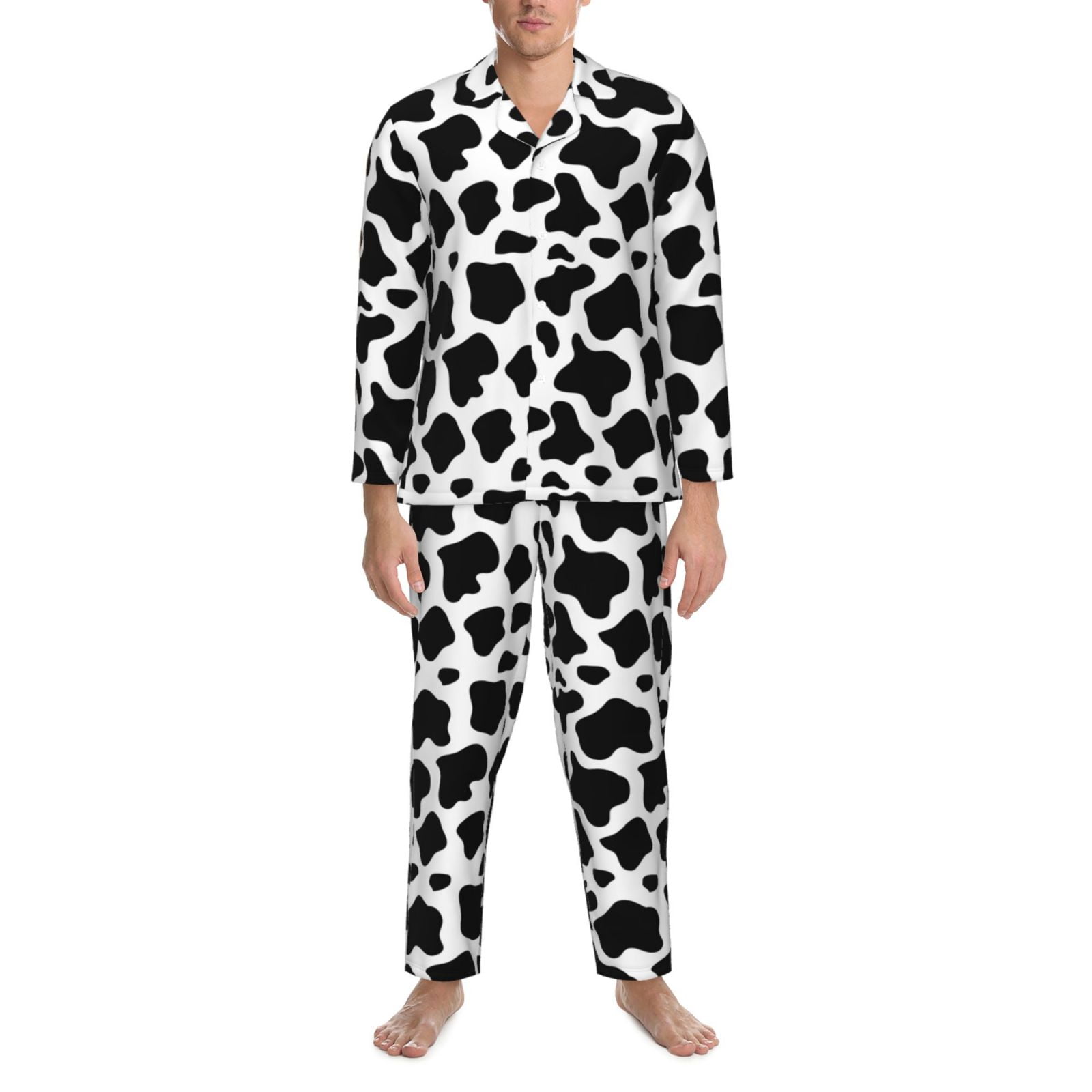 Mens Pajamas Set - Cow Print Pattern Soft Comfy Long Sleeve Button Up ...