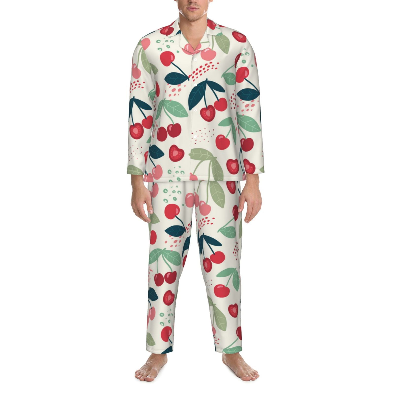 Mens Pajamas Set, Cute Berry Red Pink Button Down Long Sleeve ...