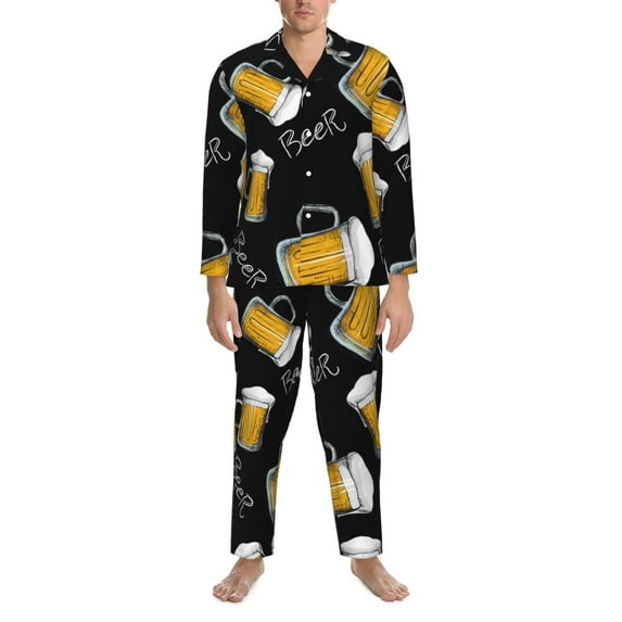 Mens Pajamas Set - Cute Cartoon Beer Mug Soft Comfy Long Sleeve Button ...