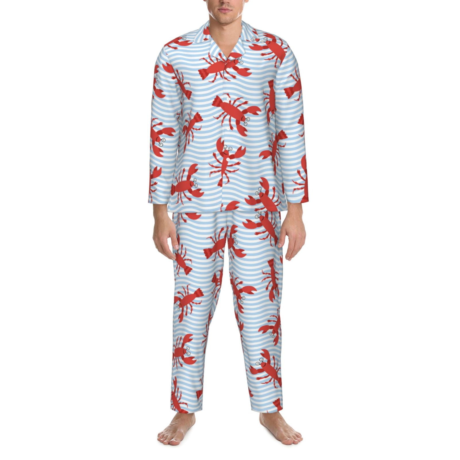 Mens Pajamas Set, Cute Cartoon Lobster Button-Down Pajamas for Men Long ...