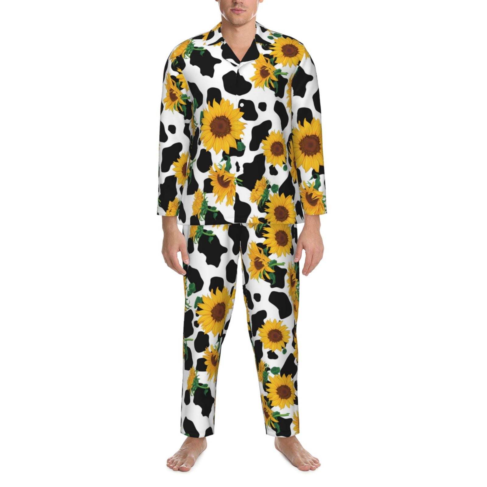 Mens Pajamas Set, Cute Cow Print Sunflower A Button-Down Pajamas for ...